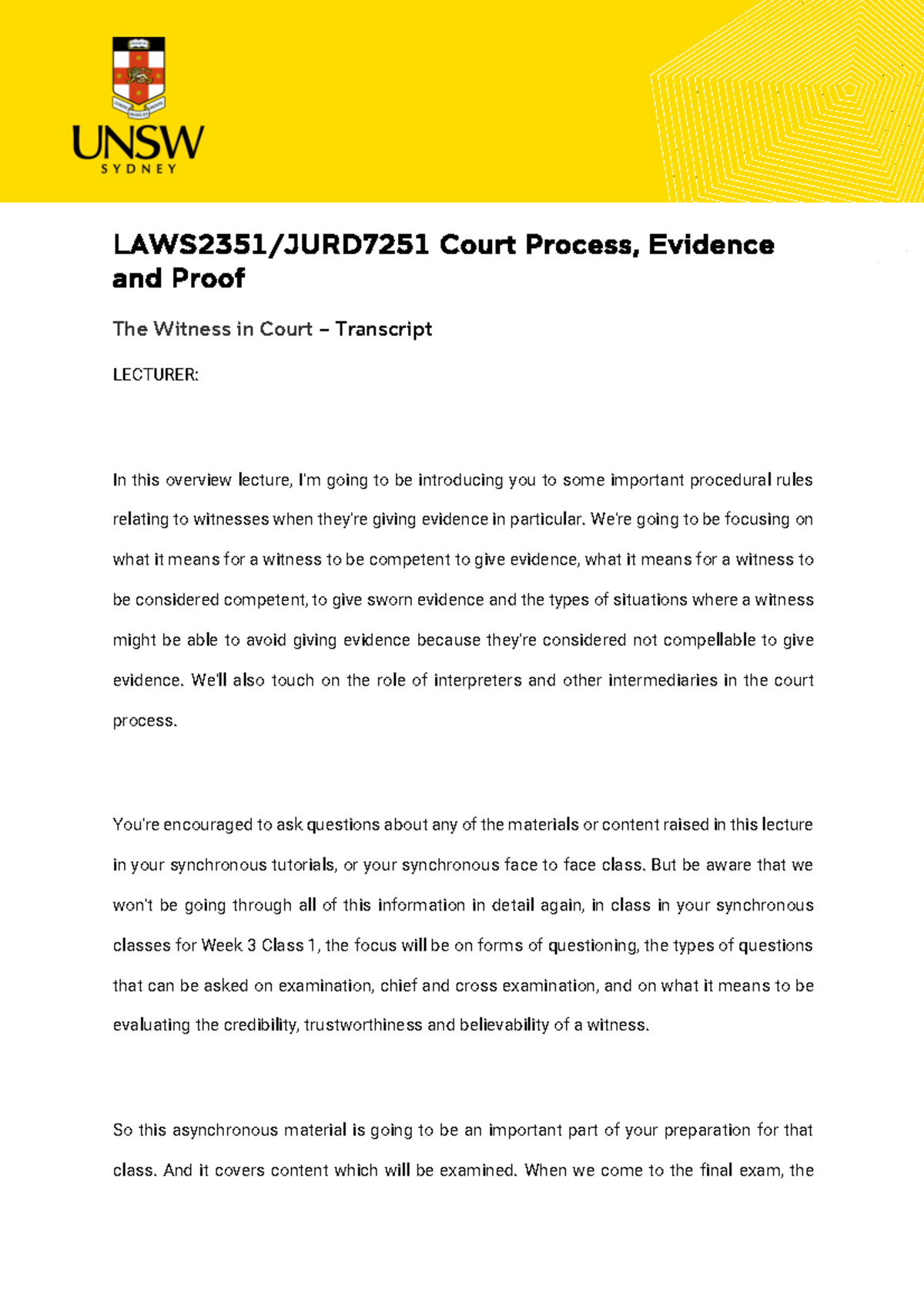 The witness in court Transcript - LAWS2351/JURD7251 Court Process ...