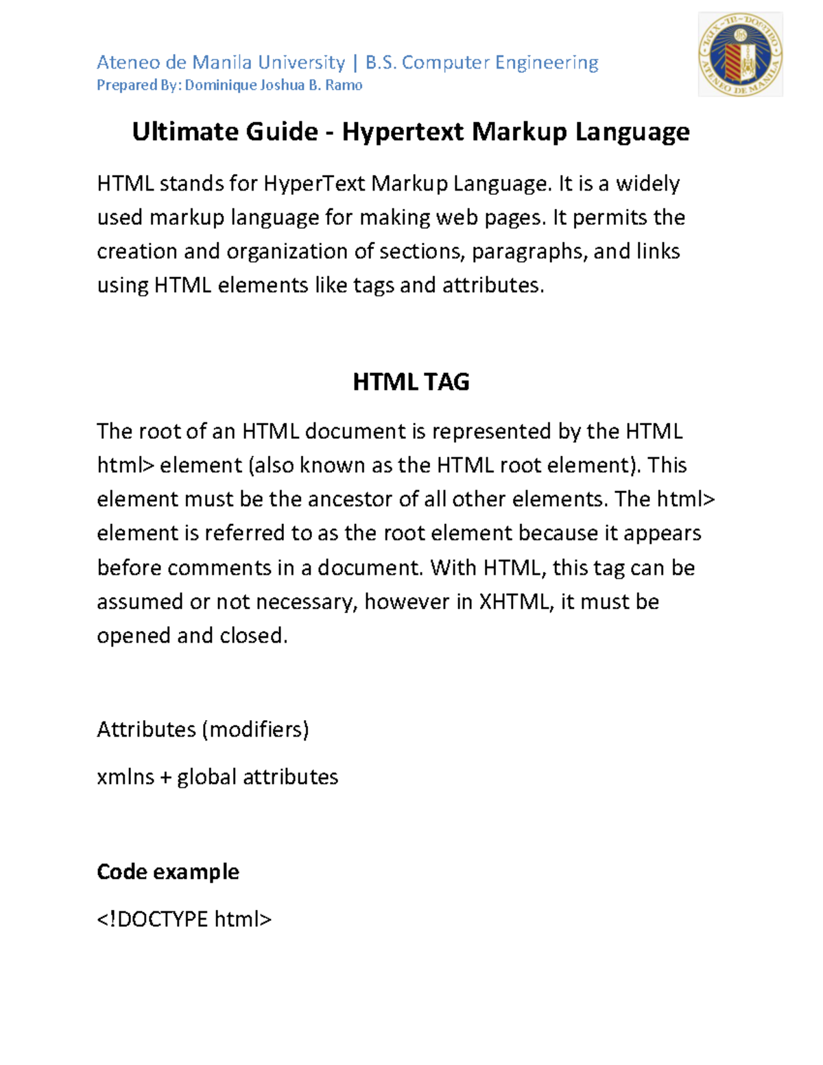 Study Guide - Hypertext Markup Language - Prepared By: Dominique Joshua B. Ramo Ultimate Guide ...
