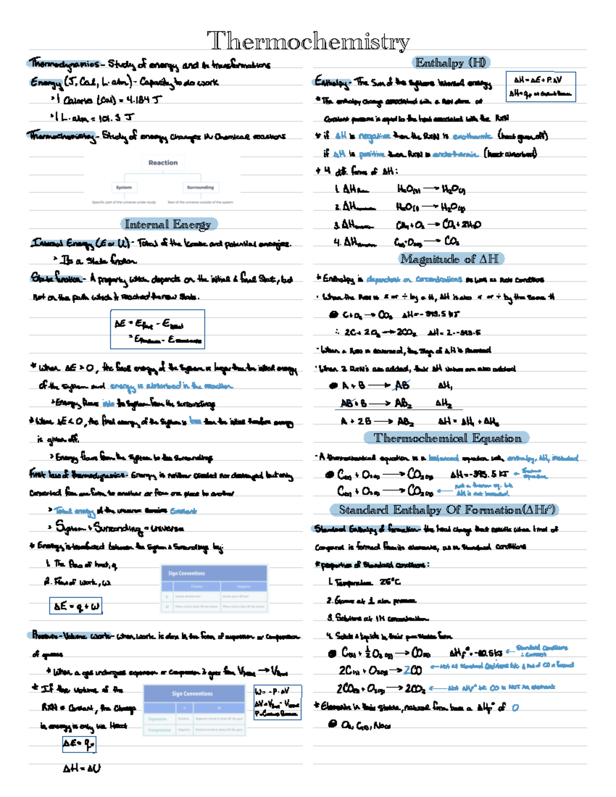 Thermochemistry Notes - Thermochemistry Internal Energy Enthalpy (H ...
