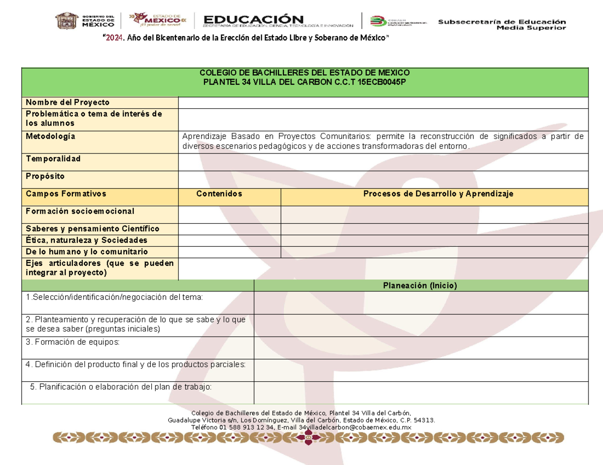 Formato PAEC - “ 2024. Año del Bicentenario de la Erección del Estado ...