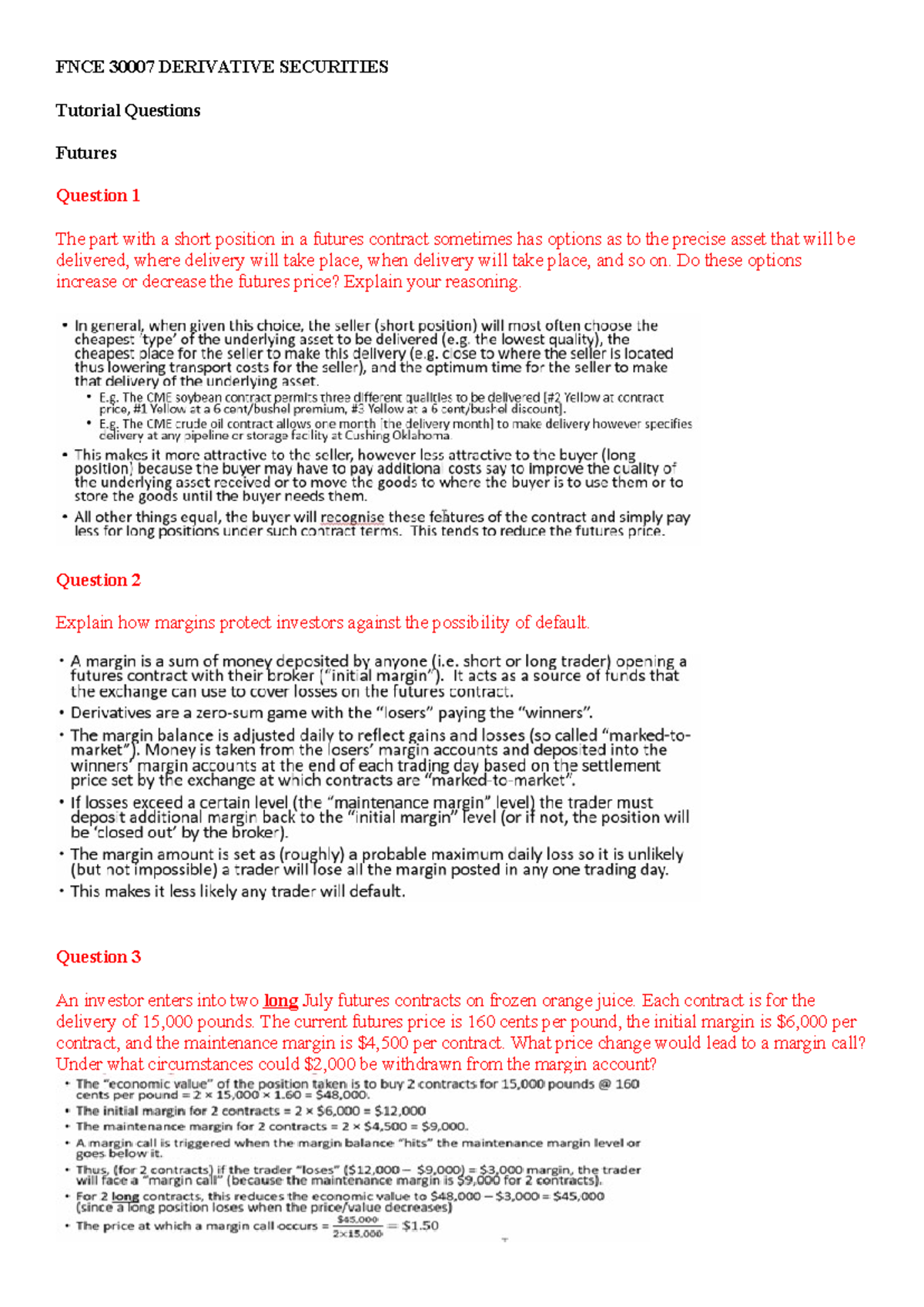 1- Tutorial questions Futures - FNCE 30007 DERIVATIVE SECURITIES Tutorial Questions Futures ...