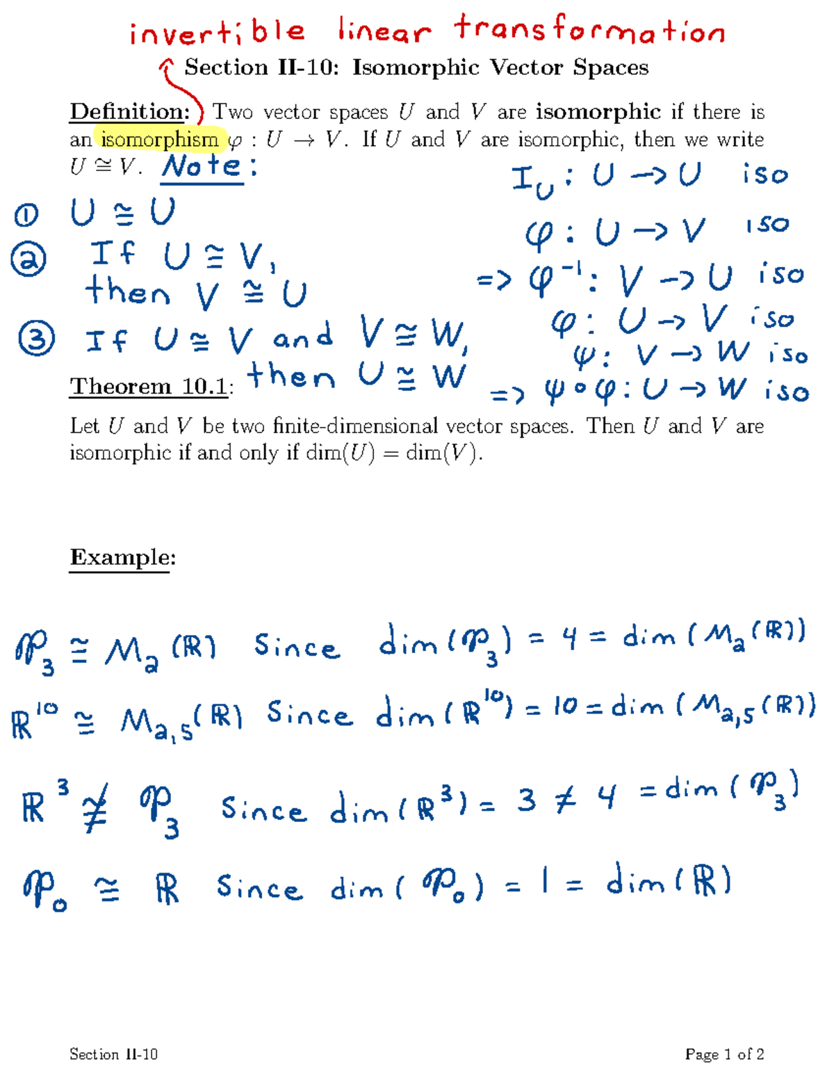 Section II-10 Good Copy - Section II-10: Isomorphic Vector Spaces Definition: Two vector spaces ...