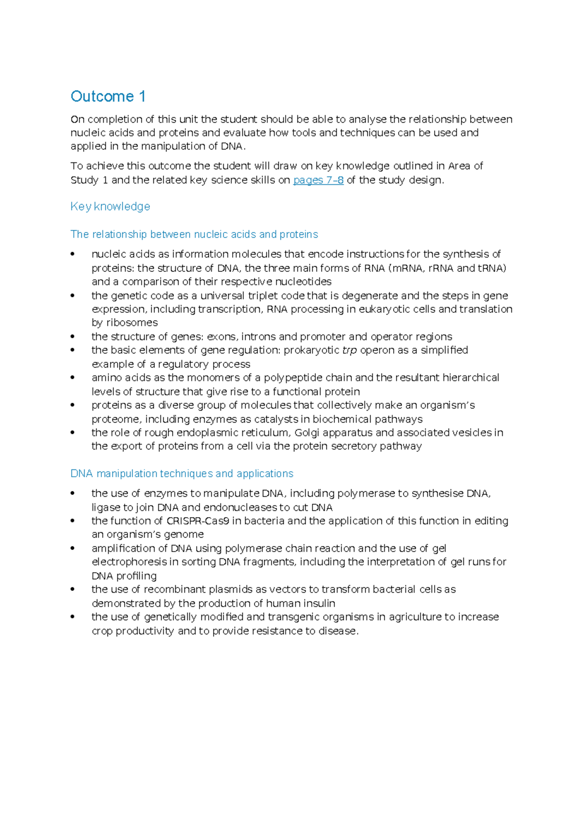Biology study design - On completion of this unit the student should be ...