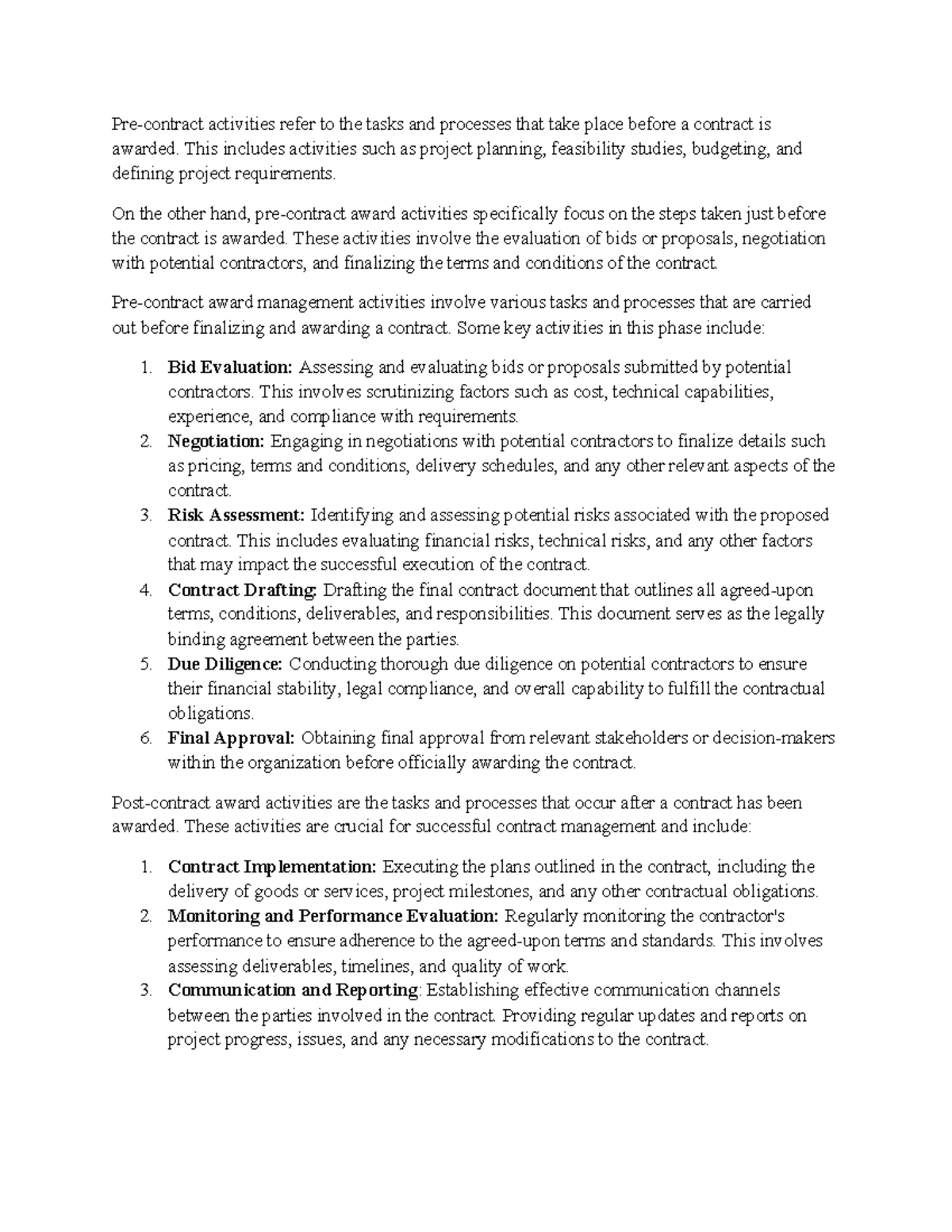 Pre contract award acticities - Pre-contract activities refer to the ...