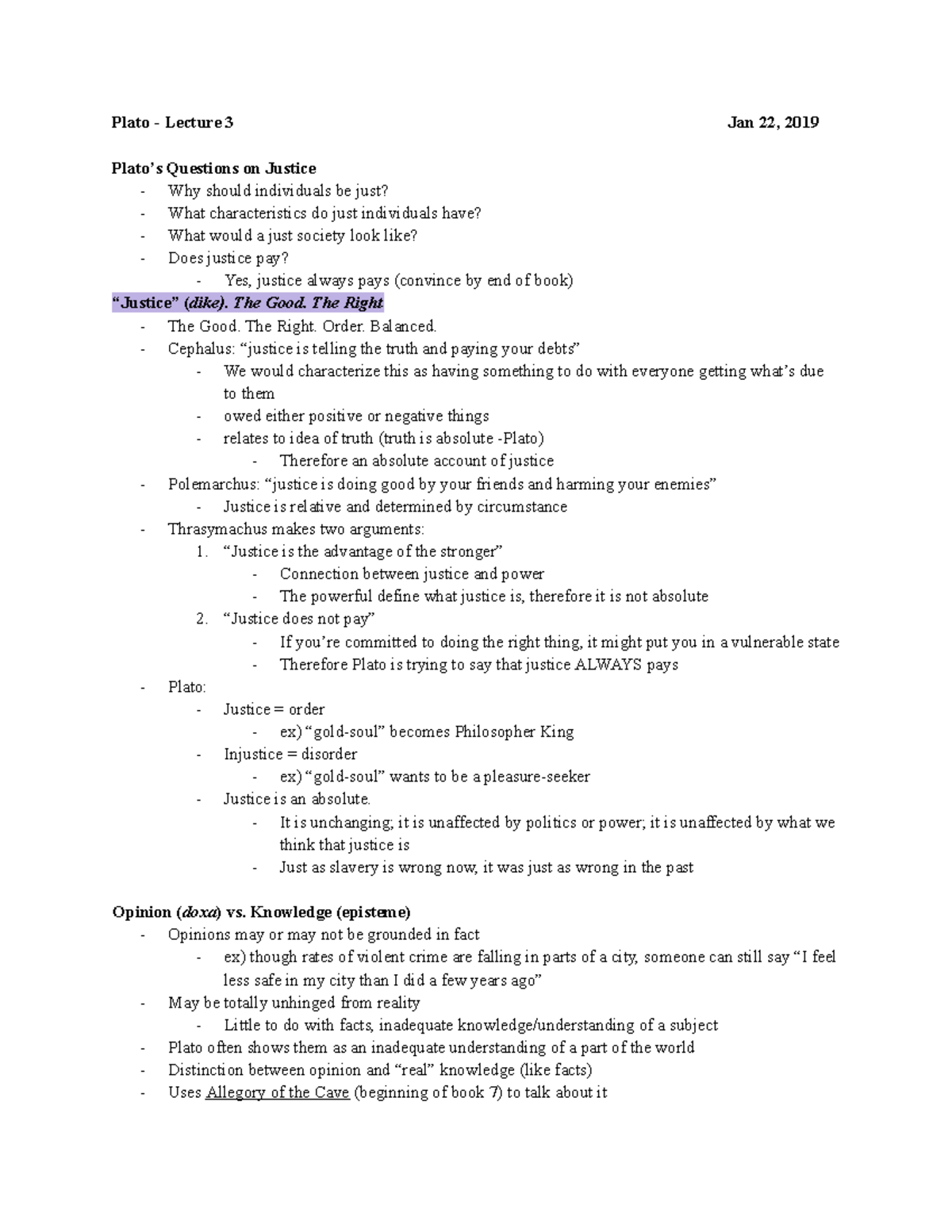 PS0600 Plato Lecture 3 - Plato - Lecture 3 Jan 22, 2019 Plato’s ...