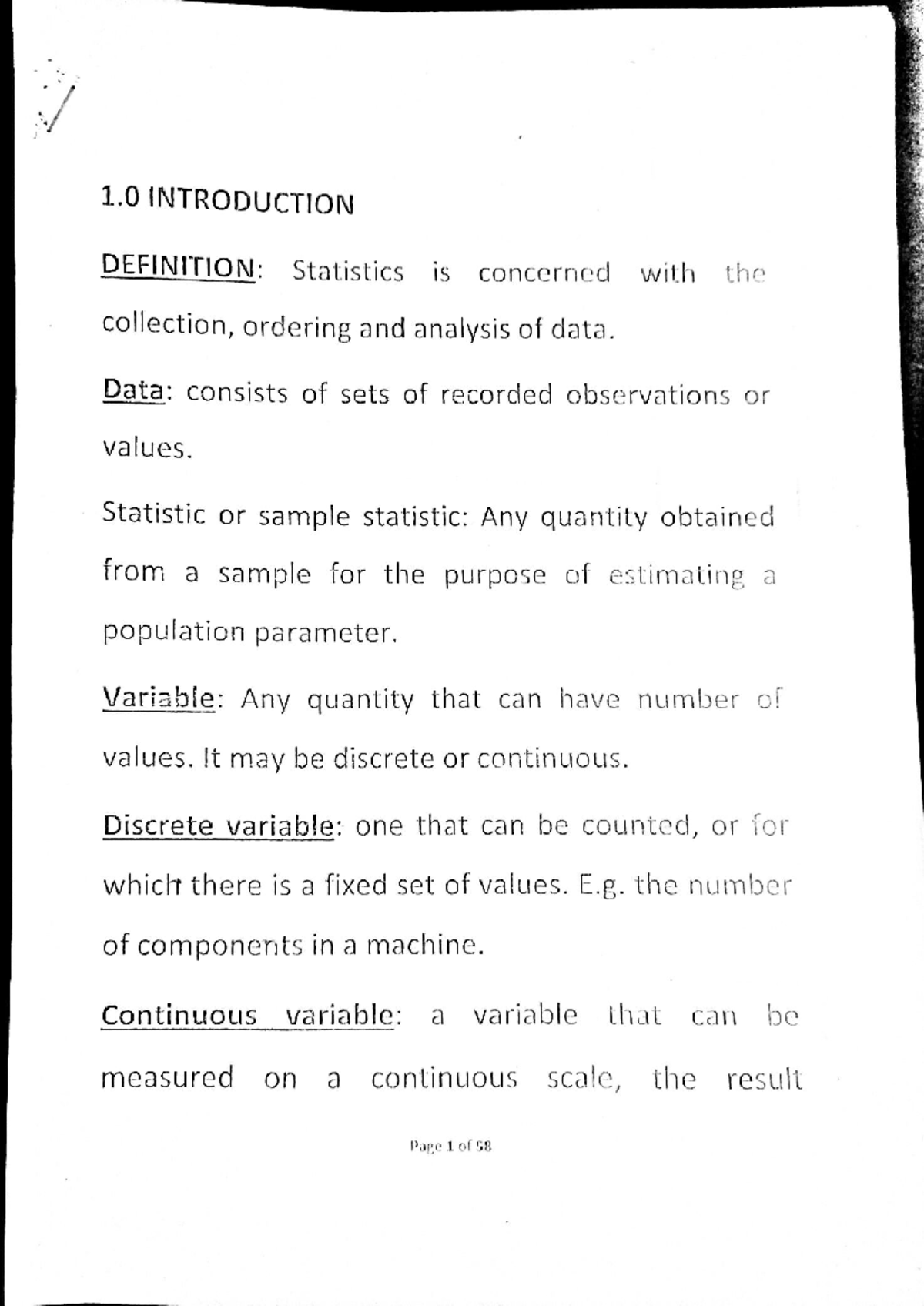 Statistics Note - 1 INTRODUCTION DEFINITION: Statistics is concerned with the collection ...