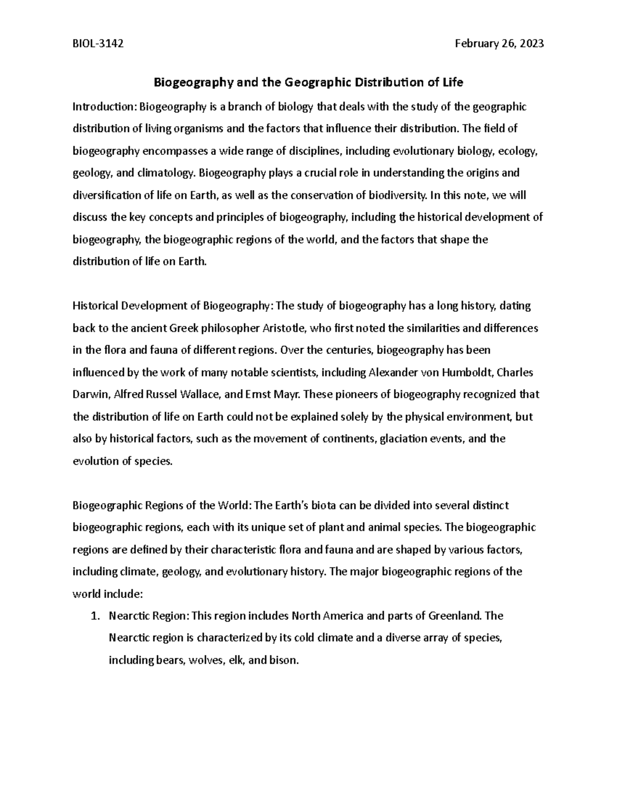 Biogeography and the Geographic Distribution of Life - BIOL-3142 ...