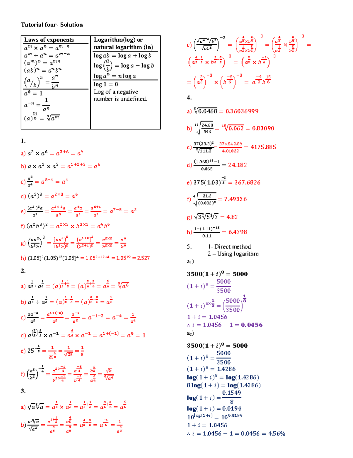 EXPONENTS, LOGARITHMS TUTORIAL SOLUTION WEEK 4 - Tutorial four- Solution Laws of exponents 𝑎 𝑚 × ...