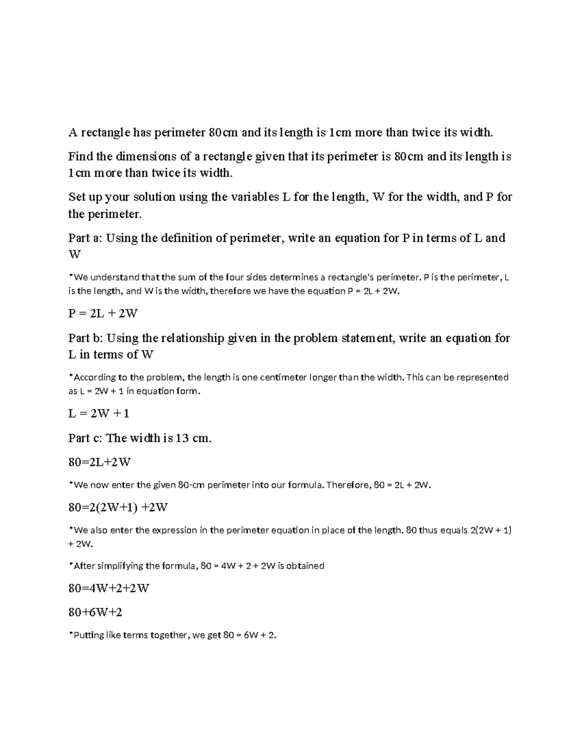 Discussion 2-1 MAT-136 - A rectangle has perimeter 80cm and its length is 1cm more than twice ...