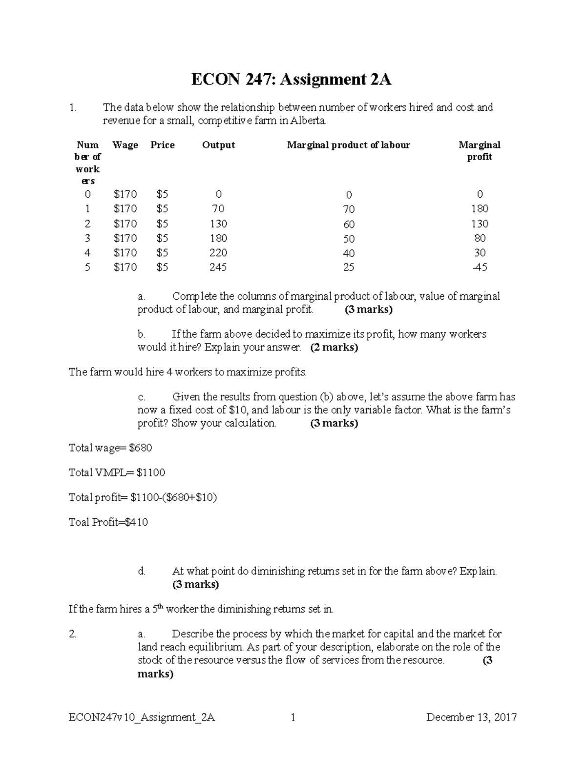ECON247v10 Assignment 2A Shaw - ECON 247: Assignment 2A The data below ...