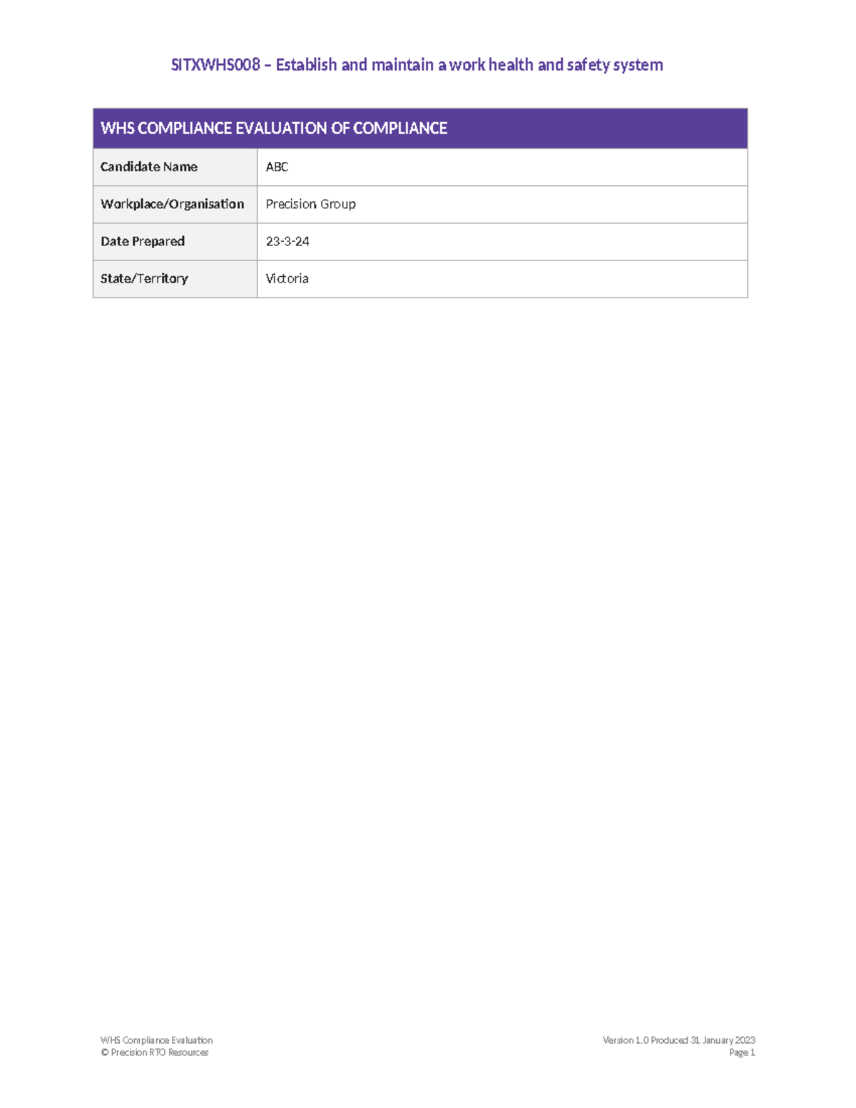 Sitxwhs 008 WHS Compliance Evaluation v1 - SITXWHS008 – Establish and ...