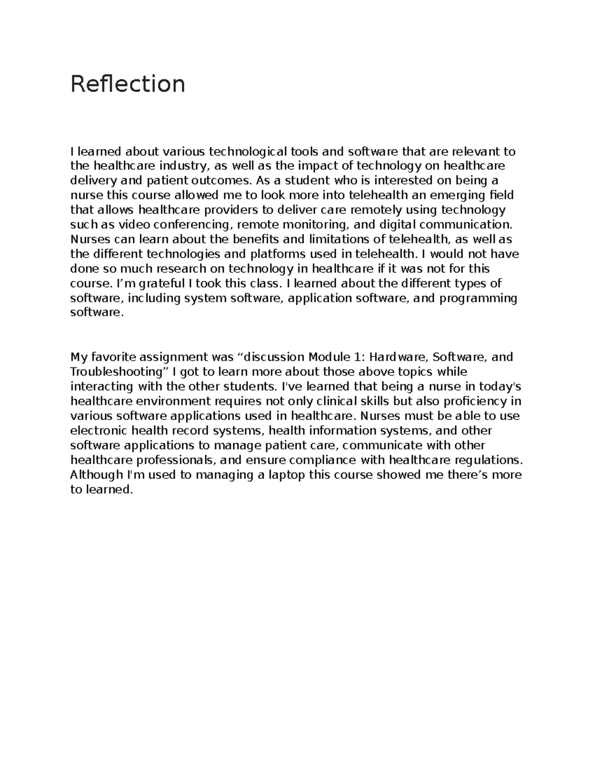 Reflection - reflexion note - Reflection I learned about various ...