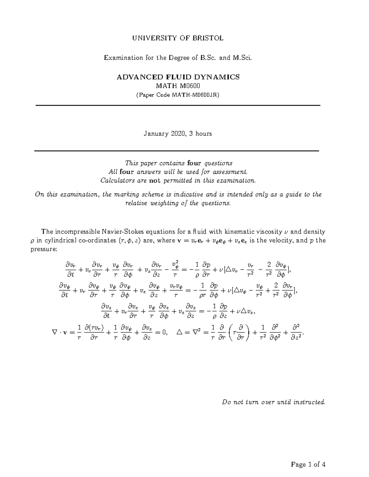 Advanced Fluid Dynamics Exam 2020 - UNIVERSITY OF BRISTOL Examination ...