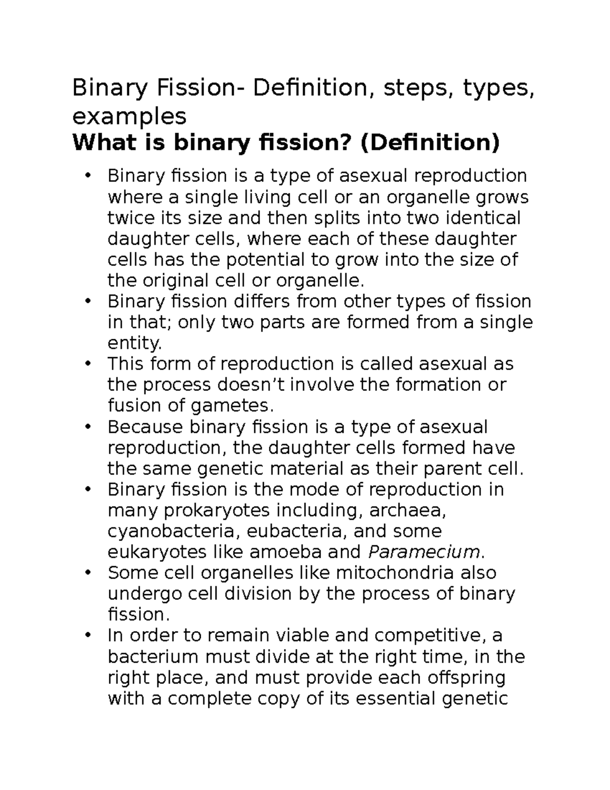 Bio 8 - Notes - Binary Fission- Definition, steps, types, examples What ...