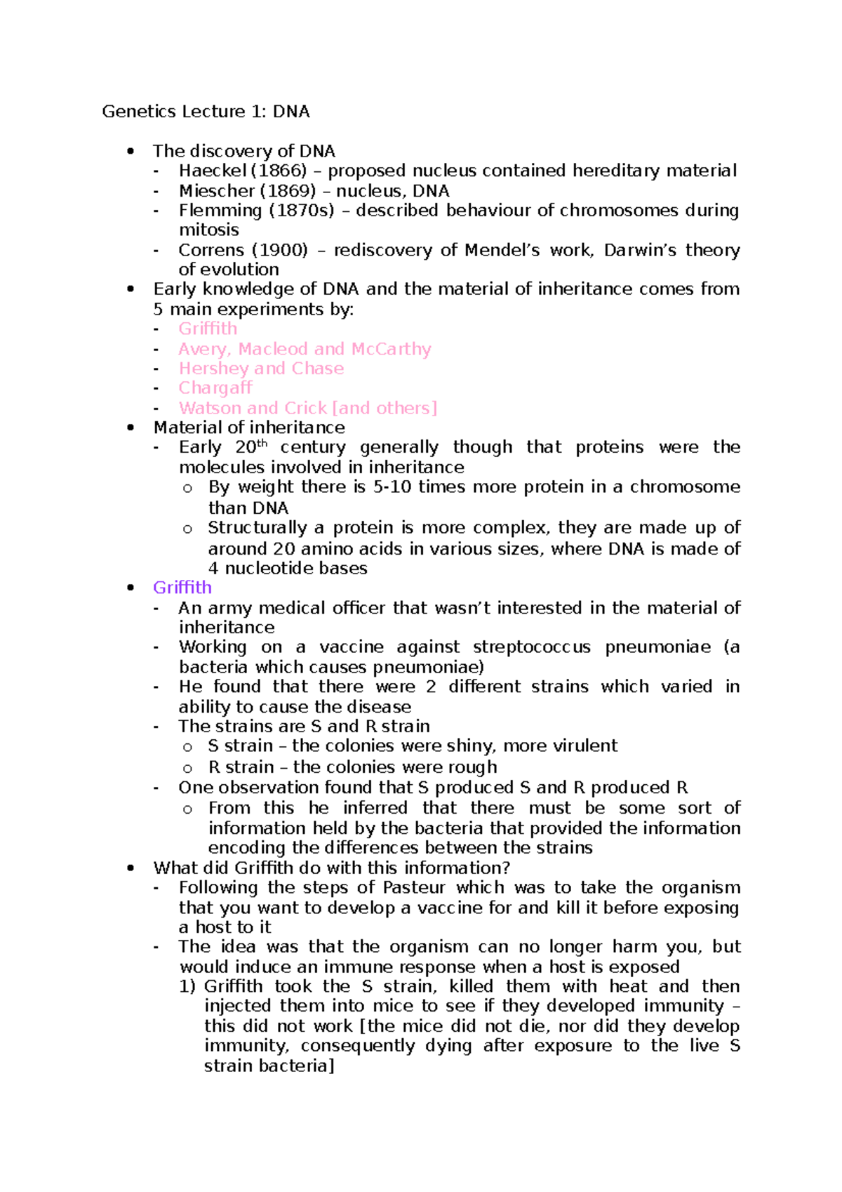 Genetics Lecture 1 - notes - Genetics Lecture 1: DNA The discovery of ...
