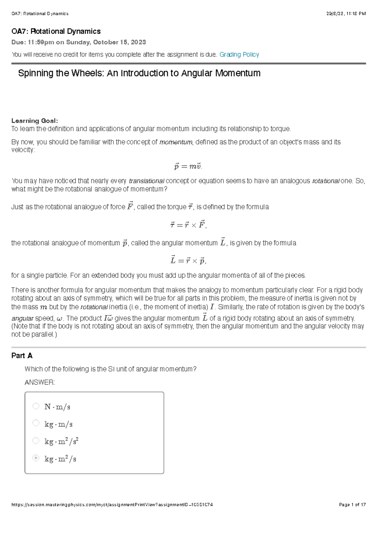 OA7-Rotational-Dynamics - OA7: Rotational Dynamics Due: 11:59pm on ...