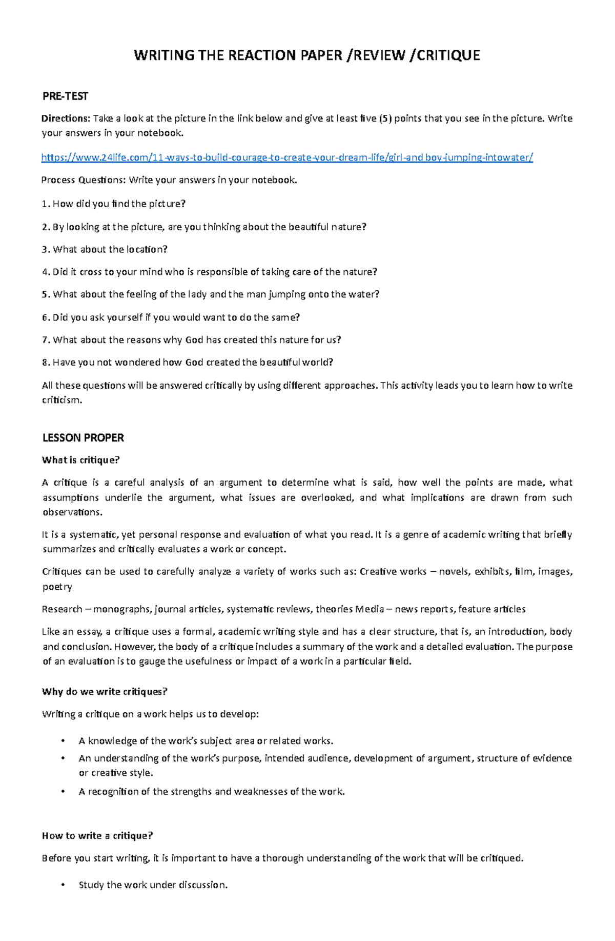 Writing Reaction Review Critique Paper 1 - WRITING THE REACTION PAPER ...