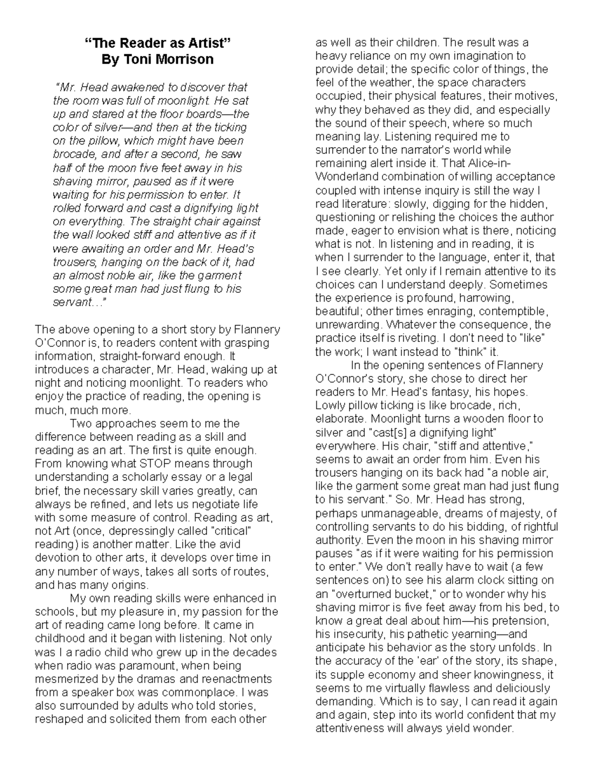 The Reader as Artist - “The Reader as Artist” By Toni Morrison “Mr ...