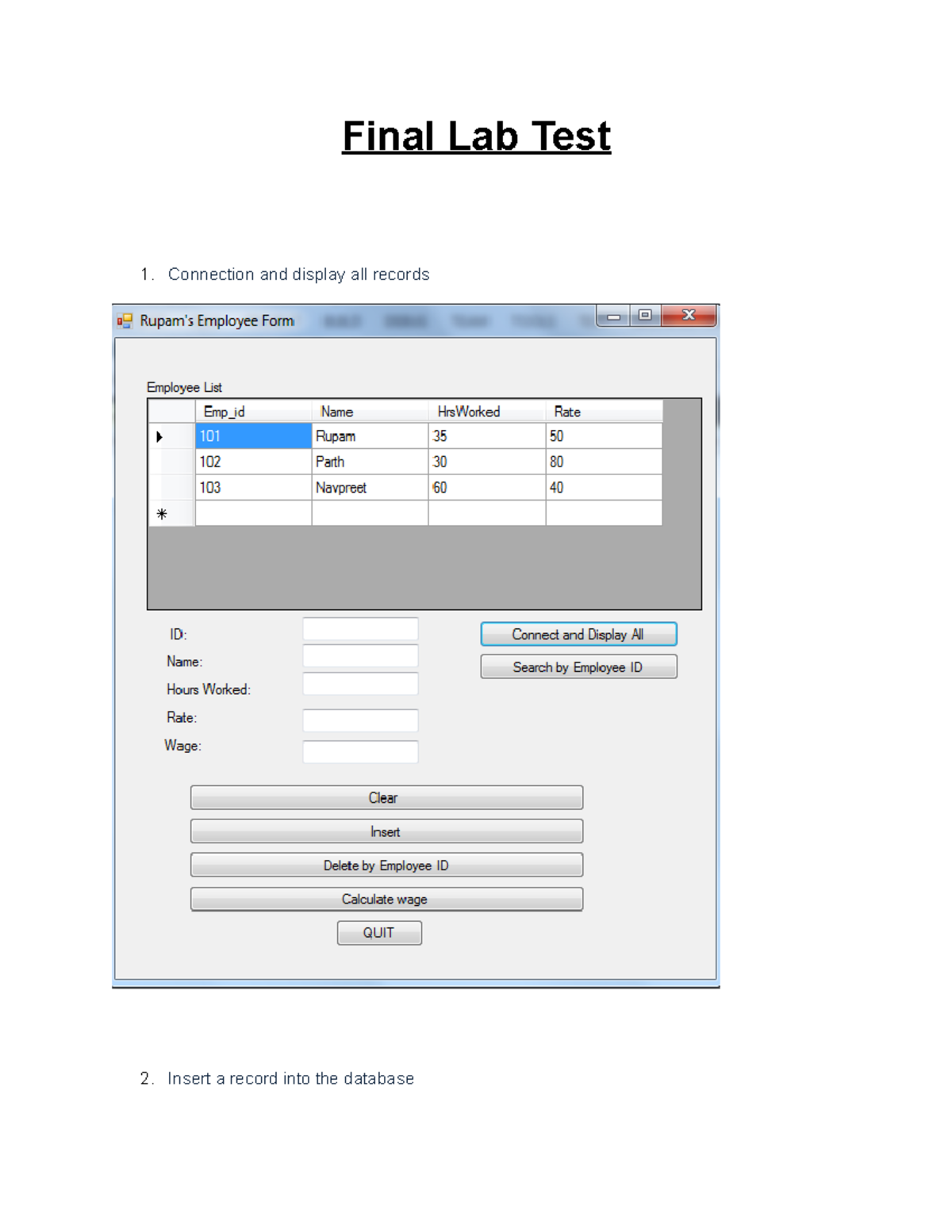 Final Test 2016, answers - Final Lab Test 1. Connection and display all ...