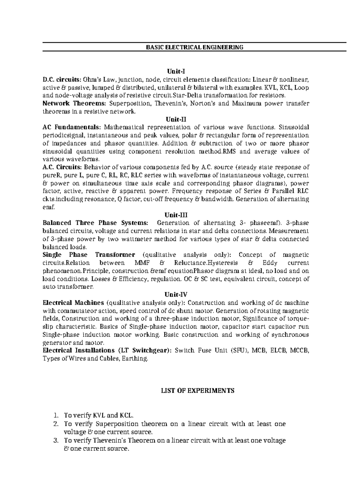 Basic Electrical Engineering - BASIC ELECTRICAL ENGINEERING Unit-I D. circuits: Ohm’s Law ...