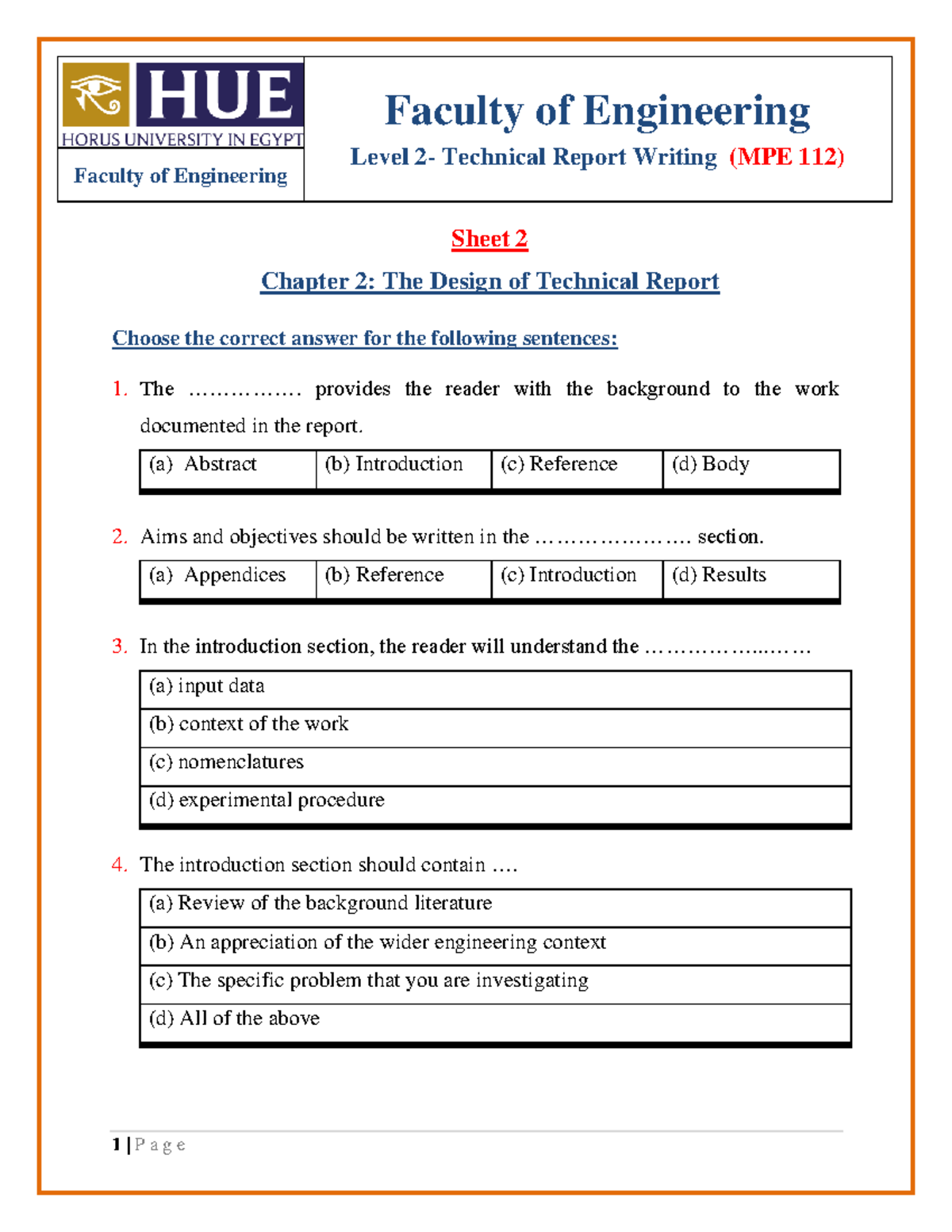 Sheet Technical report writing (MPE 112) - Level 2 - Technical Report Writing (MPE 112 ) Faculty ...