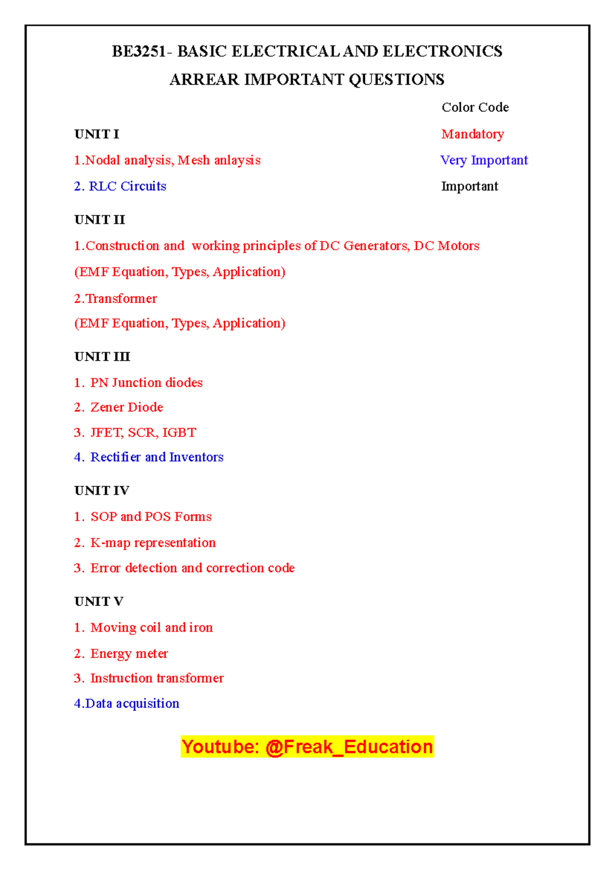 BE3251- Basic Electrical and Electronics Important questions - BE3251- BASIC ELECTRICAL AND ...
