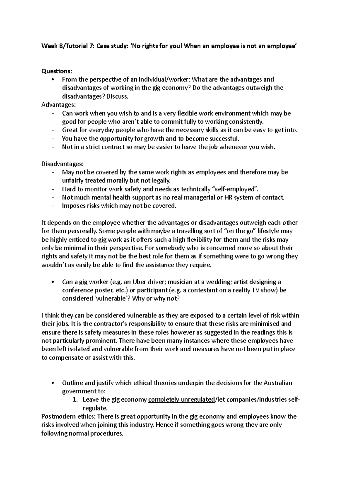 Week 8 Tutorial 7 Case study No rights for you When an employee is not an employee - Week 8 ...
