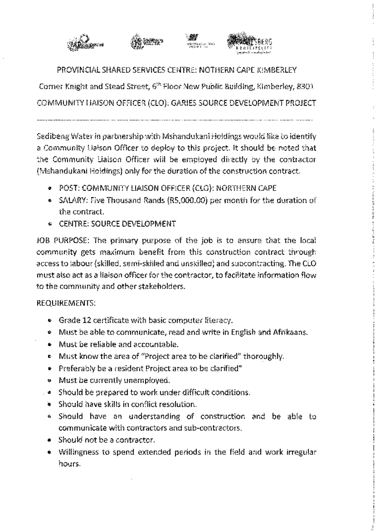 Community Liaison Officer Garies Source Development Project - Sedibeng ...