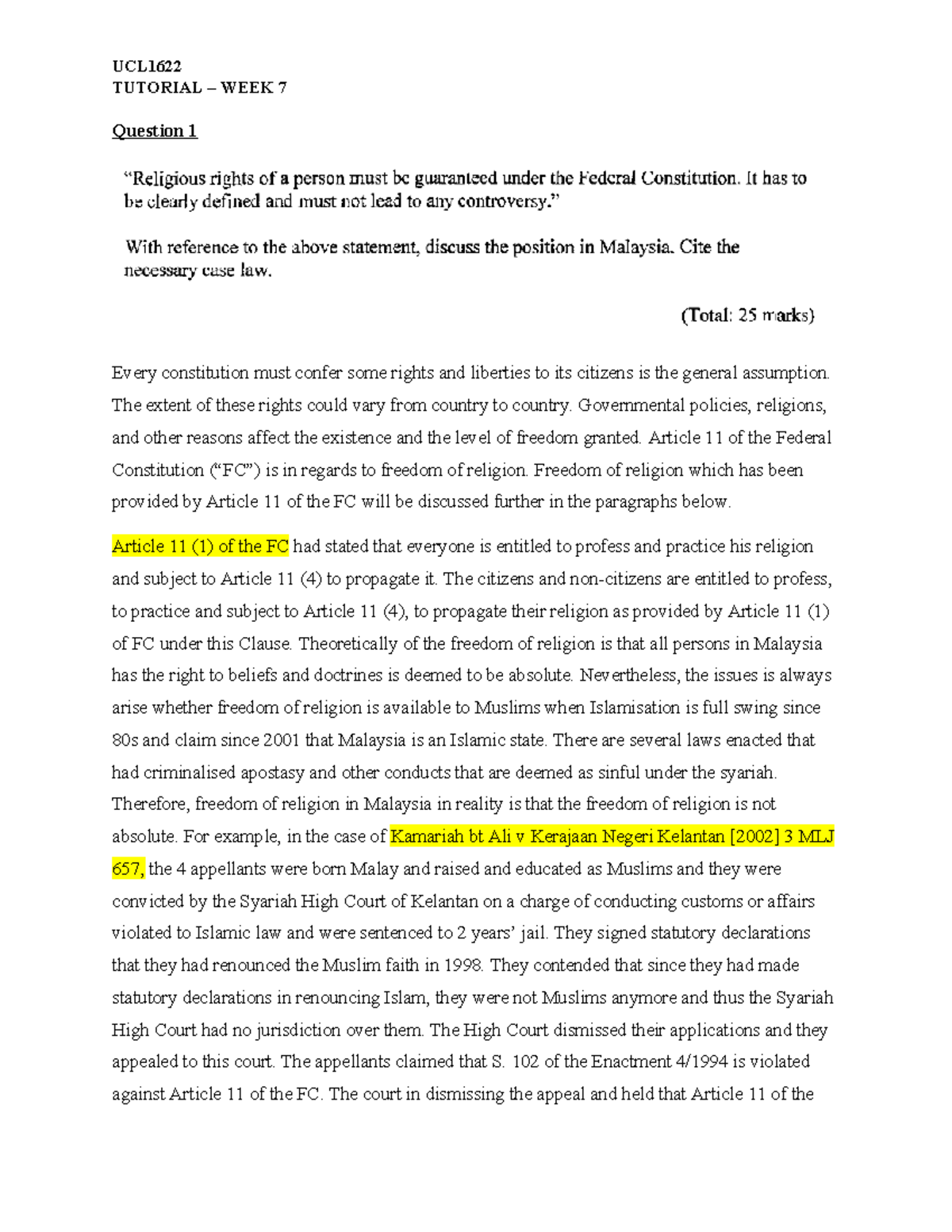 Week 7 Art 11 - constitutional tutorial - TUTORIAL – WEEK 7 Question 1 ...