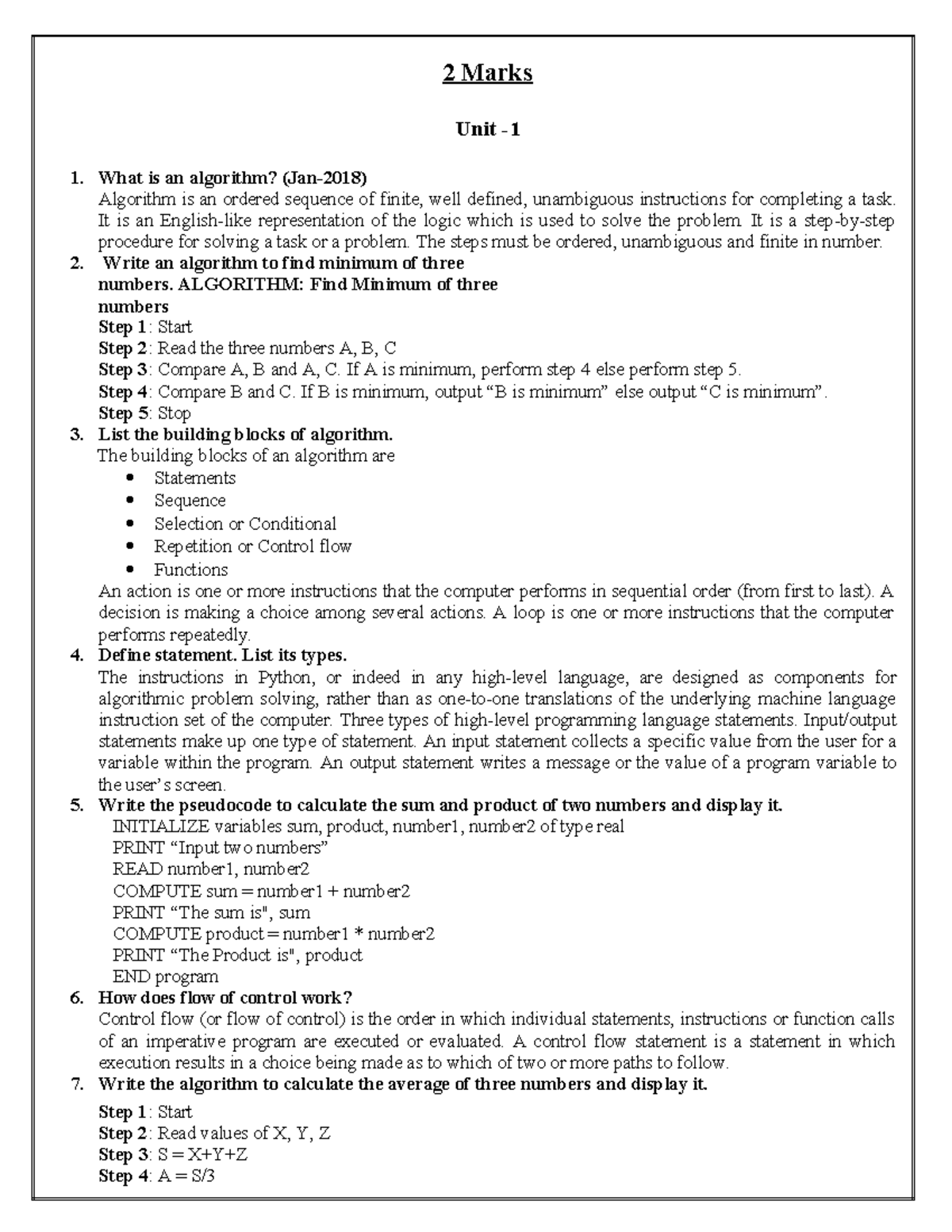 2 Marks - 2 mark question bank - 2 Marks Unit - What is an algorithm? (Jan-2018) Algorithm is an ...