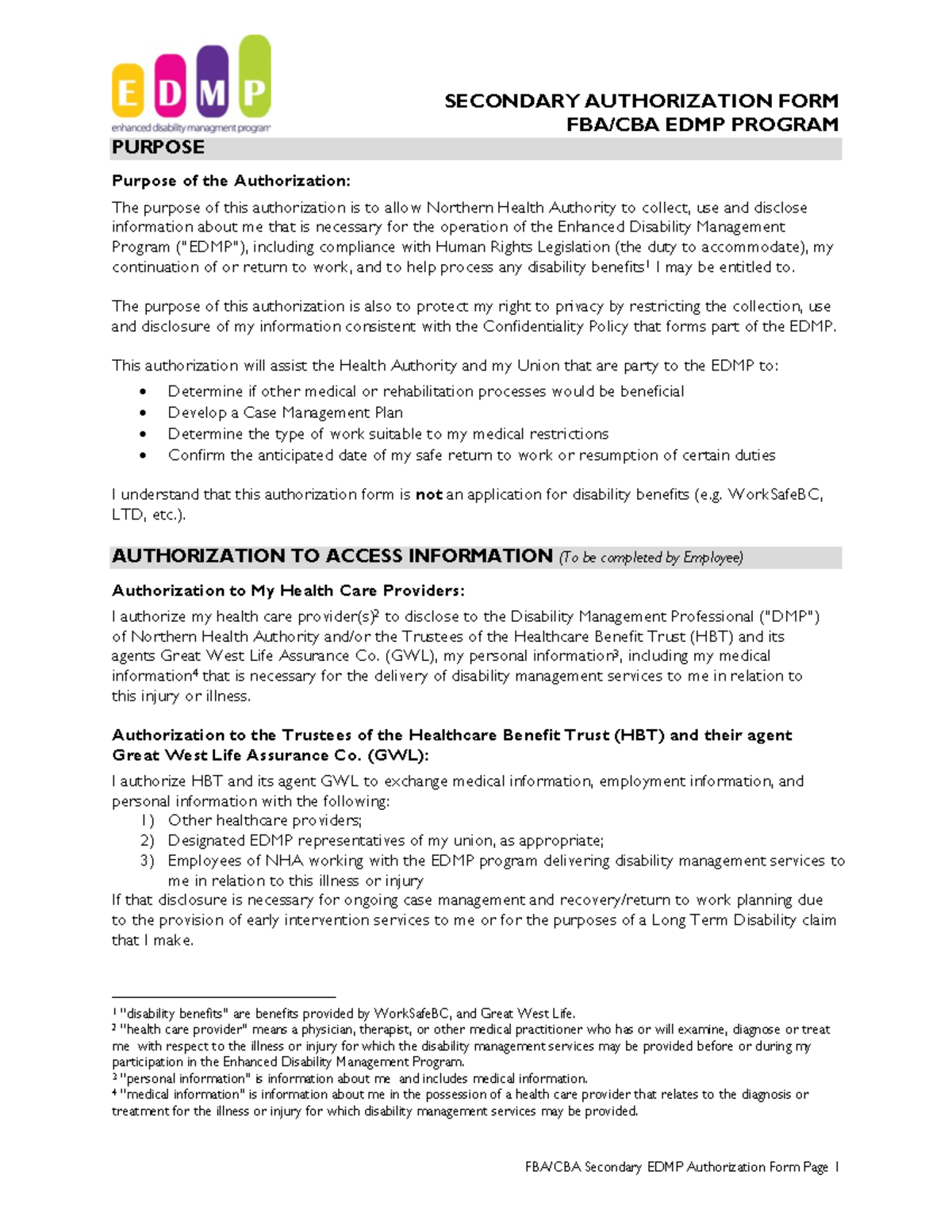 Revised NH EDMP Secondary Authorization Form (FBA CBA) - SECONDARY ...