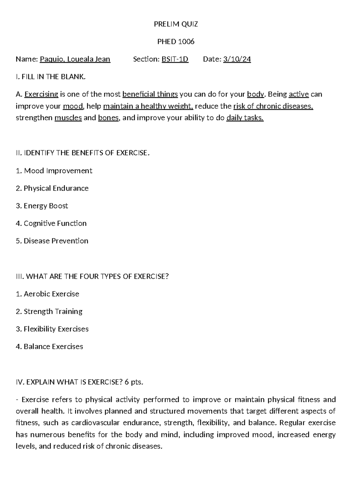Paquio QUIZ - Jsbxbs - PRELIM QUIZ PHED 1006 Name: Paquio, Loueala Jean ...
