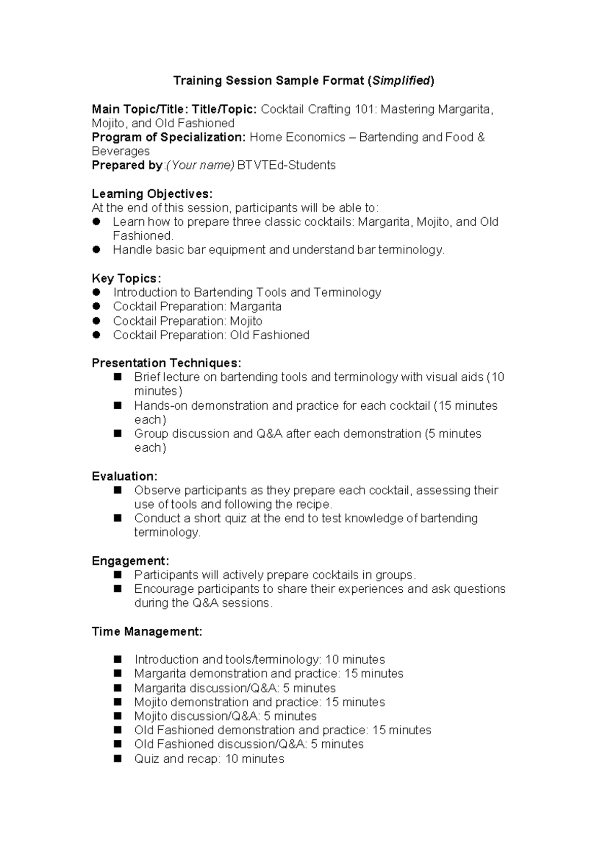 Training Session Sample Format - Handle basic bar equipment and ...