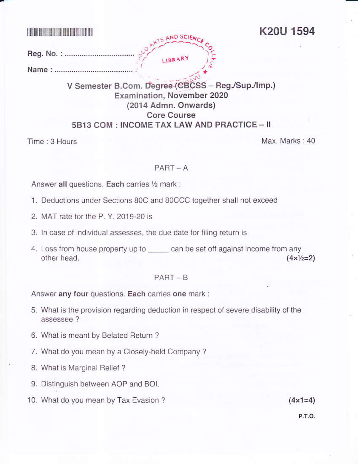 Income tax previous year question paper - flI IL I I lll Reg. No. K20U ...