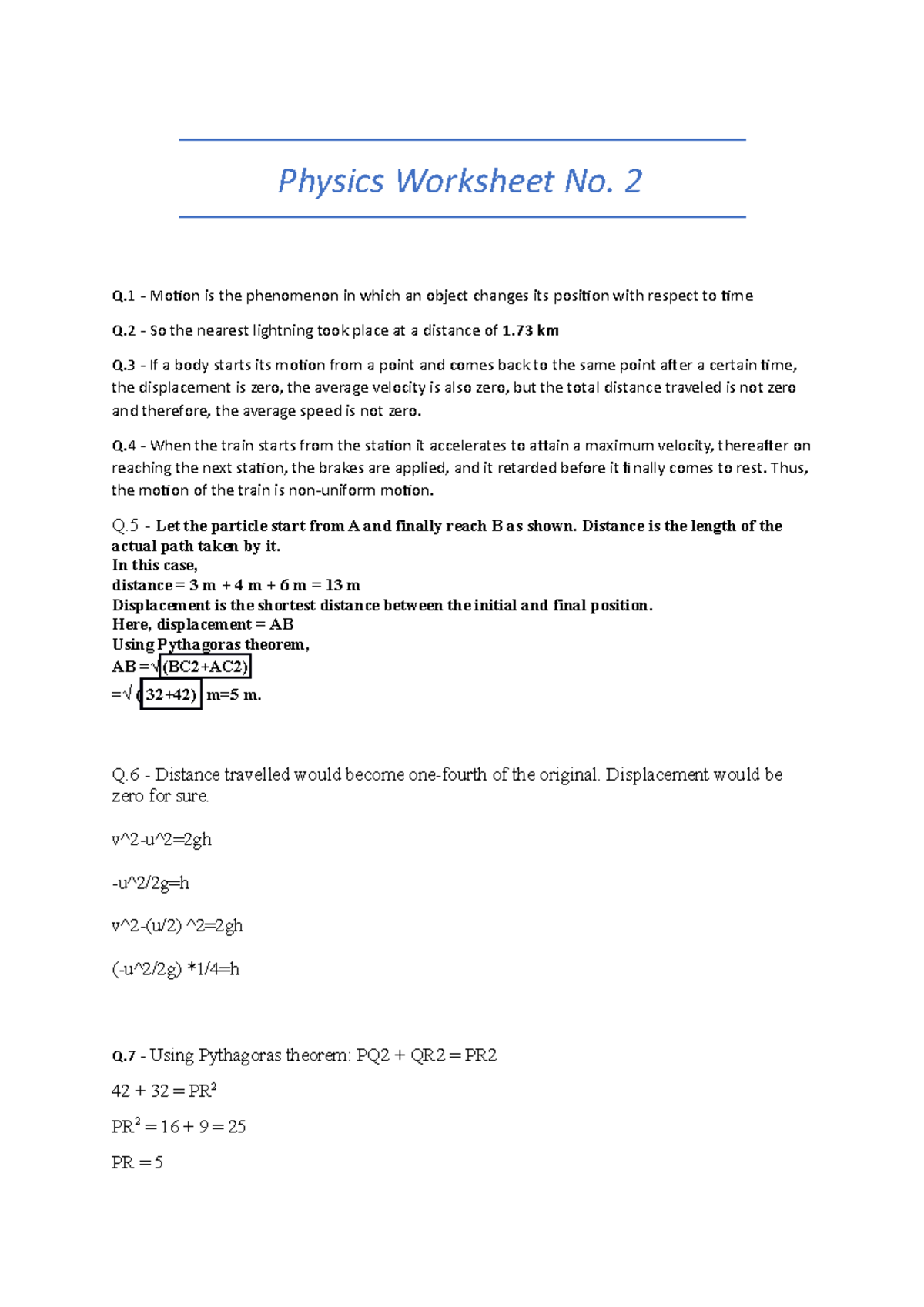 Motion Revision Worksheet - Physics Worksheet No. 2 Q - Motion is the ...