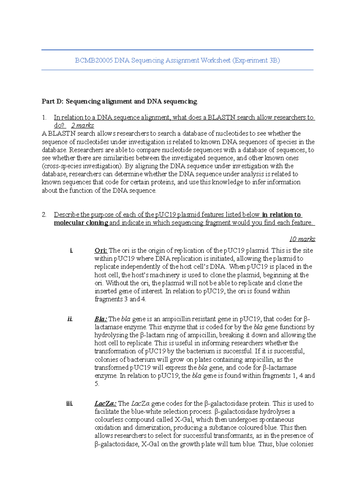 DNA Sequencing assignment - 1. In relation to a DNA sequence alignment ...
