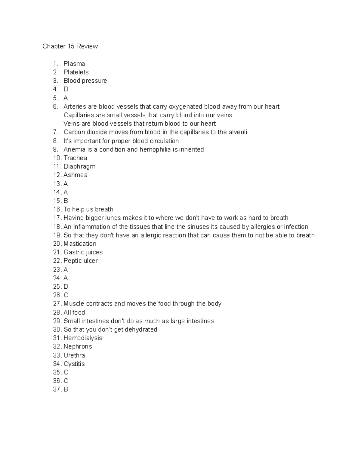 Chapter 15 16 Review - Health Exercise - Chapter 15 Review 1. Plasma 2 ...