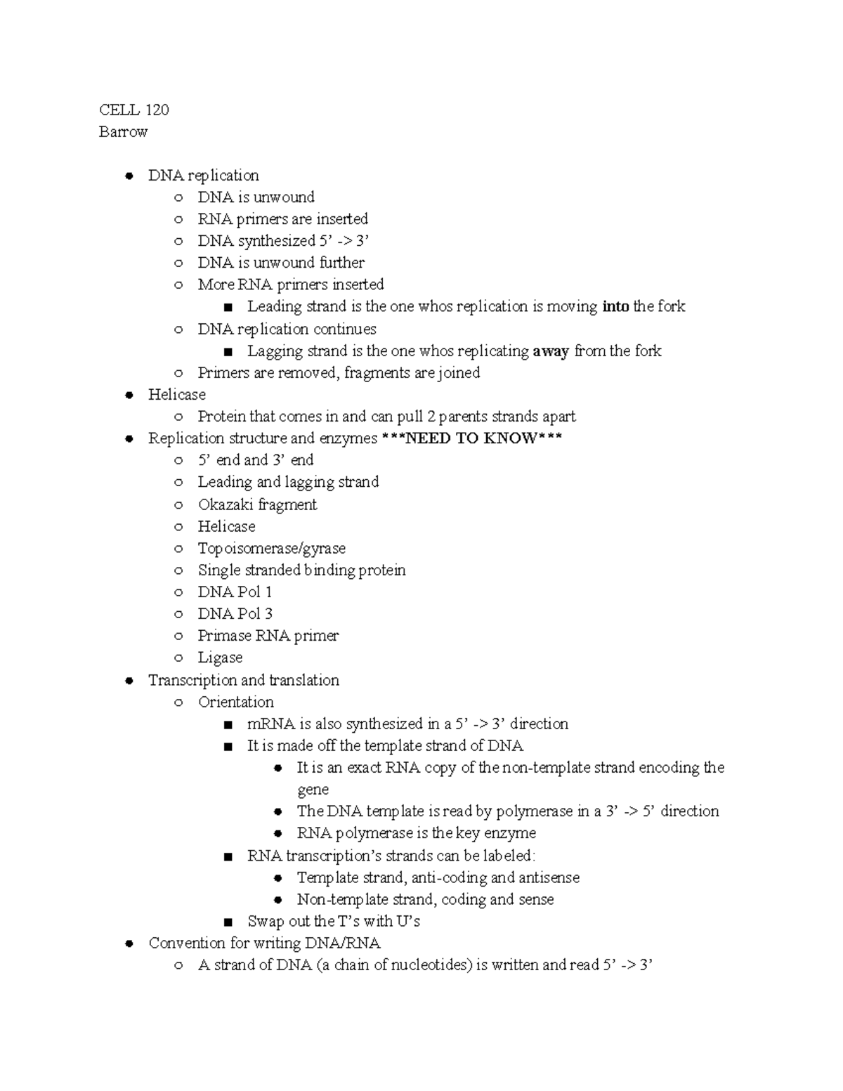 CELL 120 - Barrow Class notes - 2/10 - CELL 120 Barrow DNA replication ...