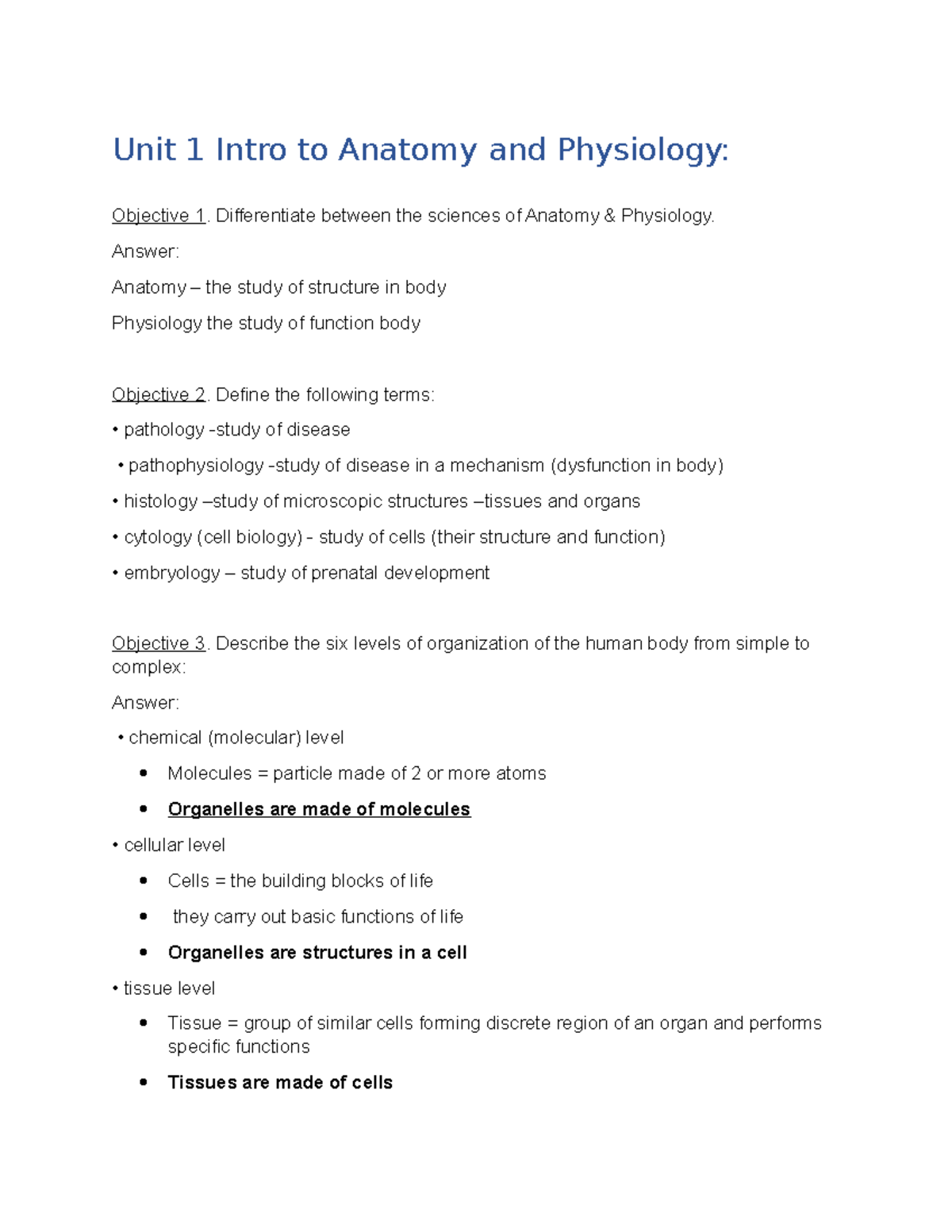 ANAT 1052 TEST Reviews - Unit 1 Intro to Anatomy and Physiology ...