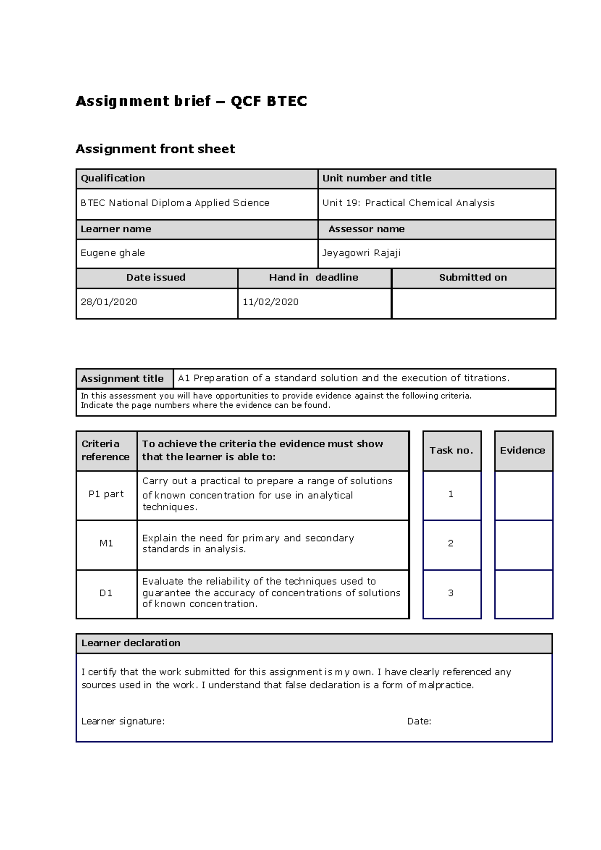 U19 A1 - brief - Assignment brief – QCF BTEC Assignment front sheet Qualification Unit number ...