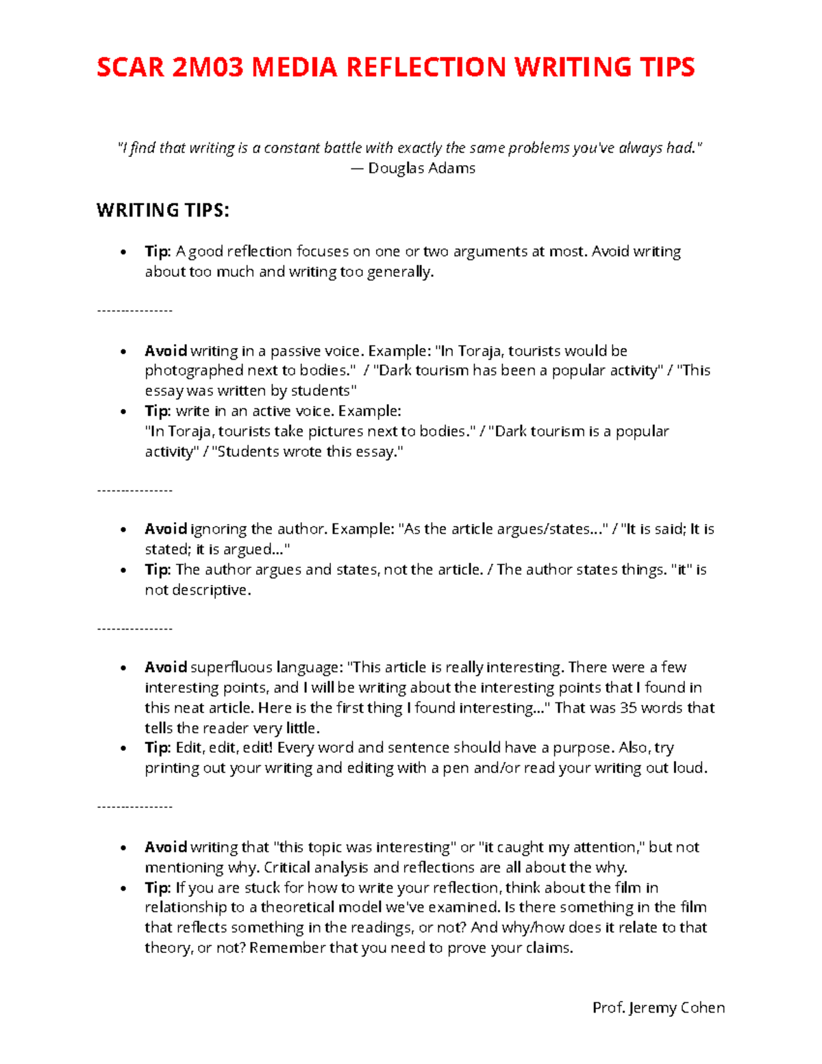 Media Meditation Writing Tips - SCAR 2M03 MEDIA REFLECTION WRITING TIPS ...