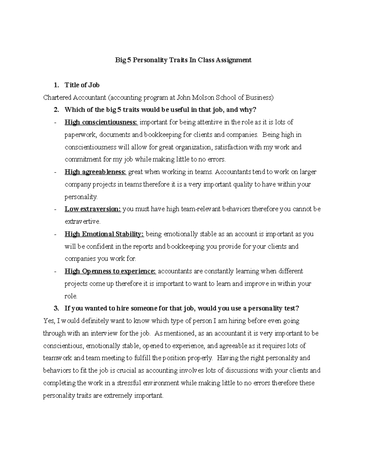 Big 5 Traits COMM 222 - Big 5 Personality Traits In Class Assignment 1 ...