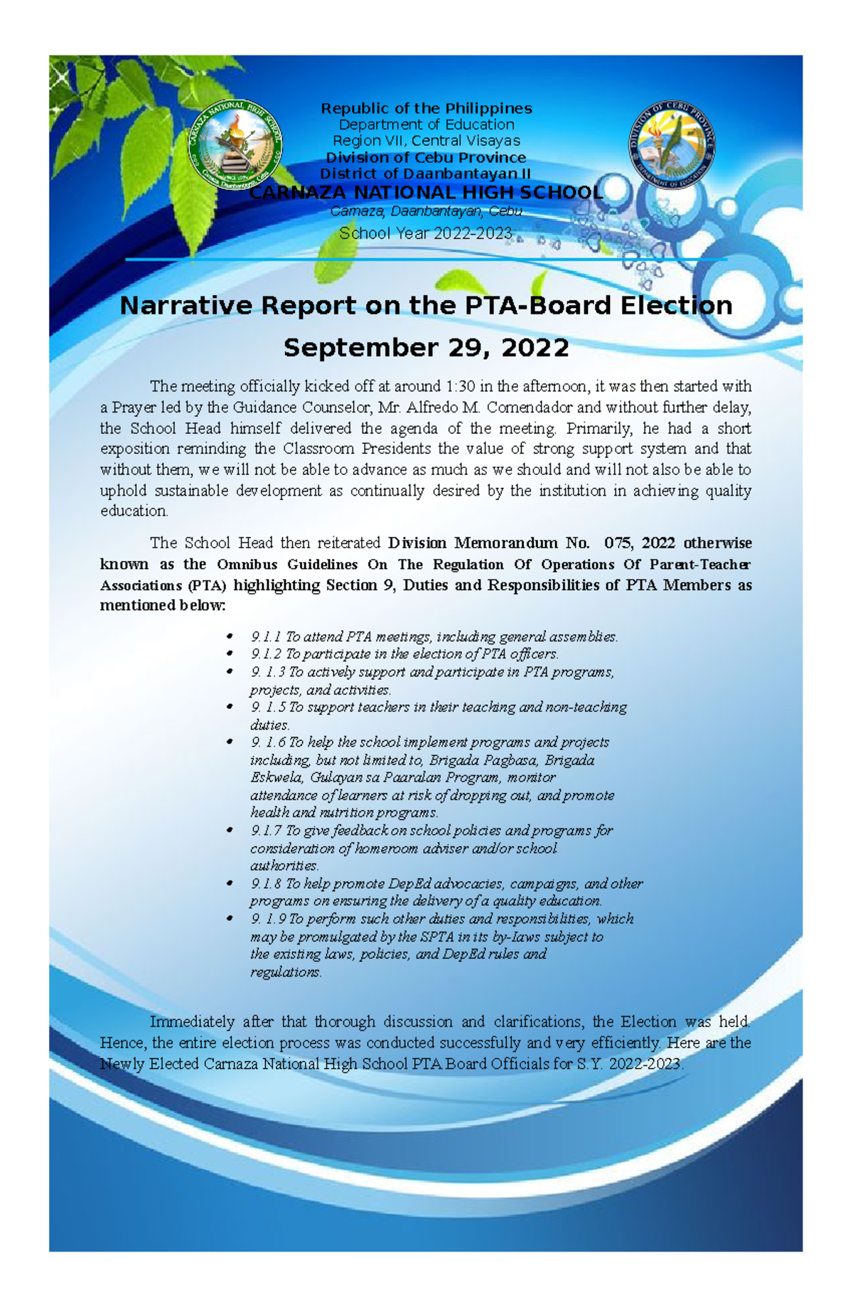 Narrative ON PTA- Board Election - Republic of the Philippines ...