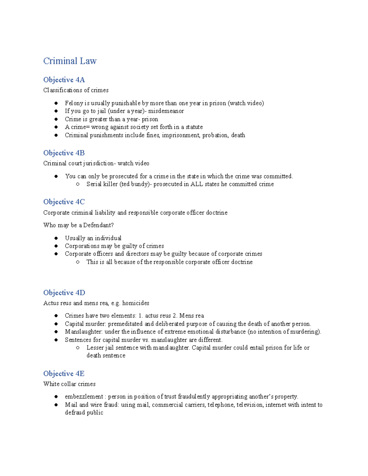 Criminal Law (1) 2 - Notes over the lecture - Criminal Law Objective 4A ...