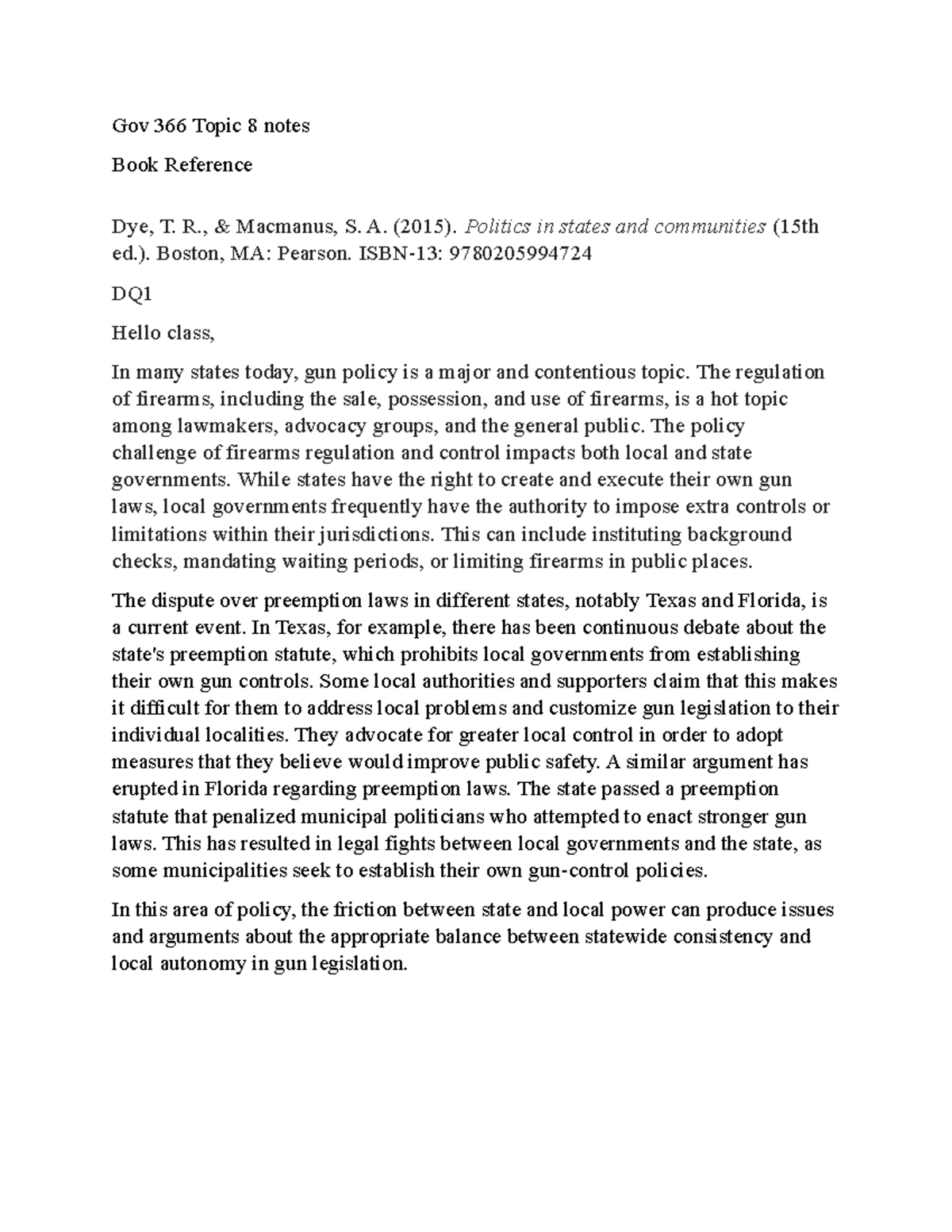 STUdoc Gov 366 Topic 8 note1 - Gov 366 Topic 8 notes Book Reference Dye ...