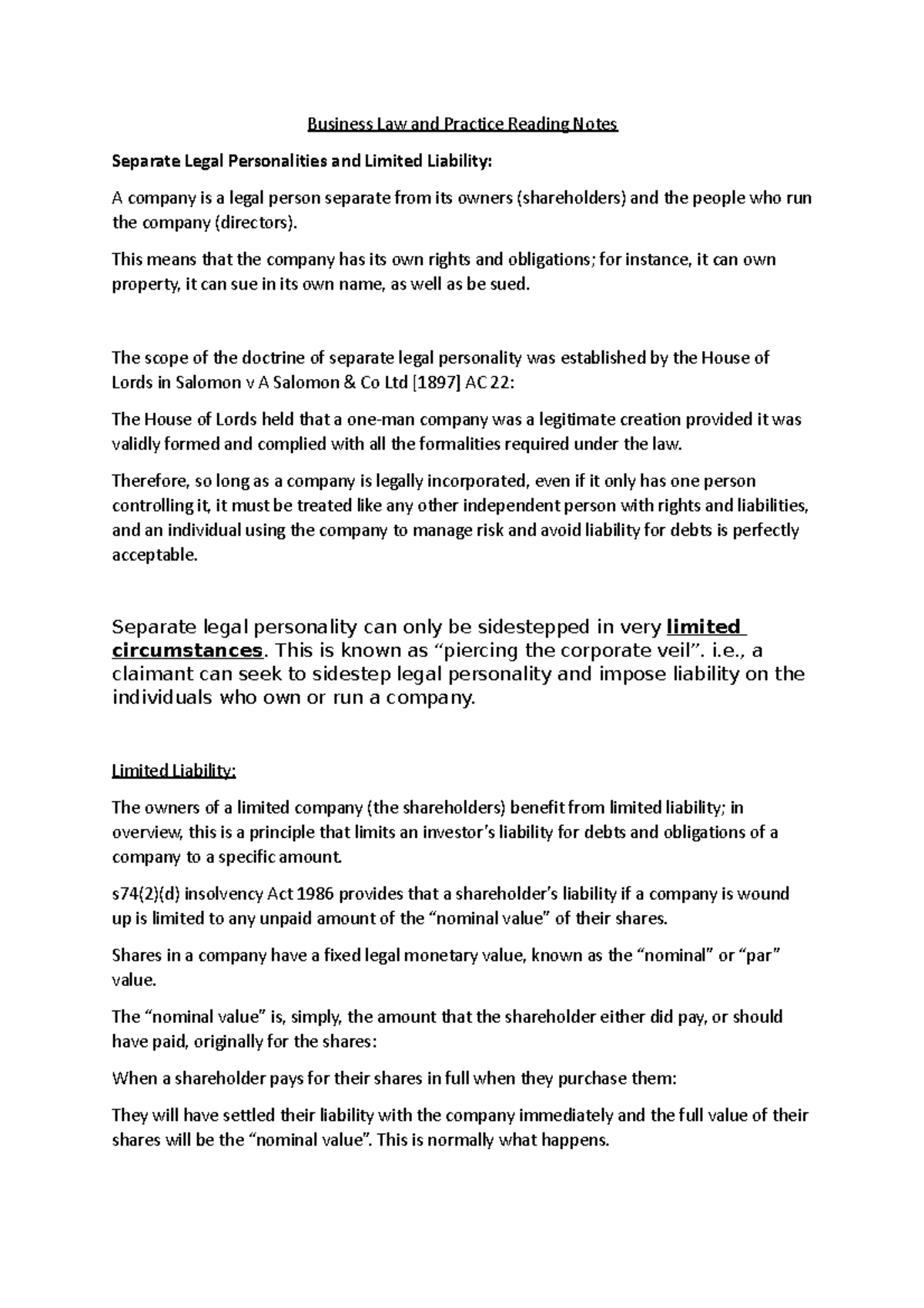 Business Law and Practice Reading Notes - Business Law and Practice ...