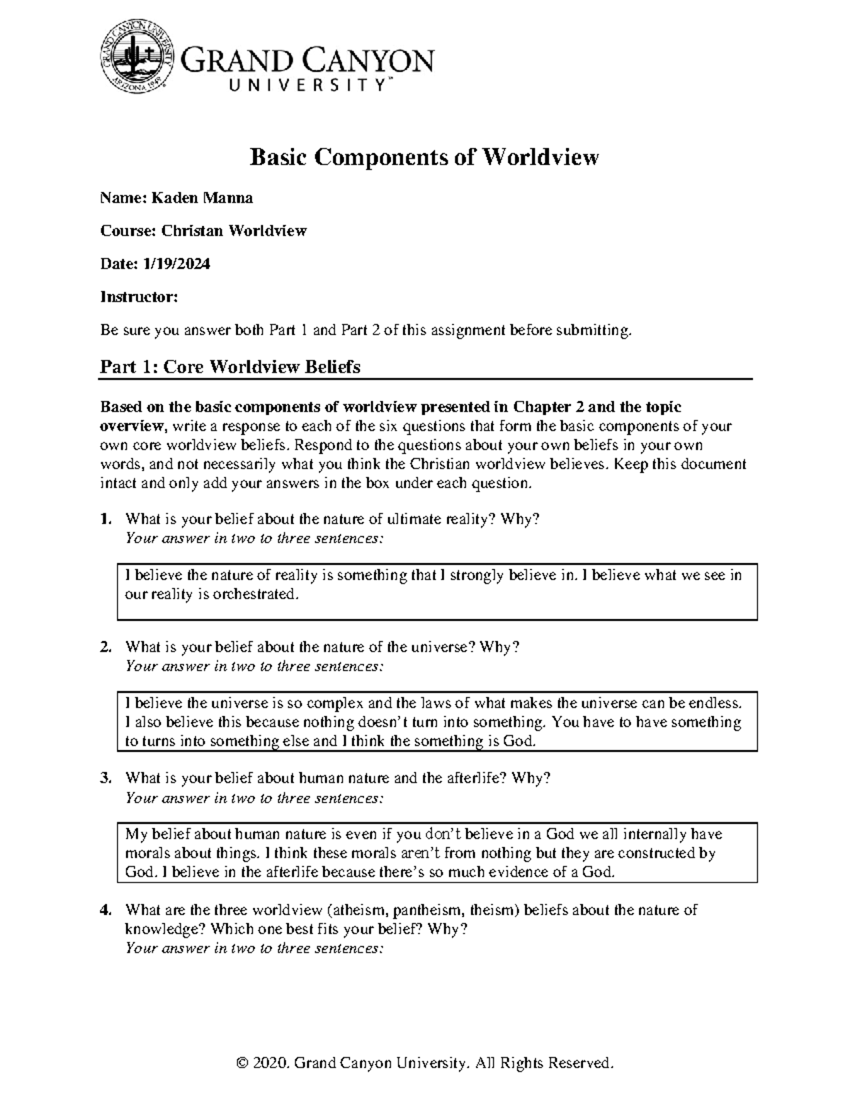 CWV 101 301 RS T1Basic Components Of Worldview - © 2020. Grand Canyon University. All Rights ...