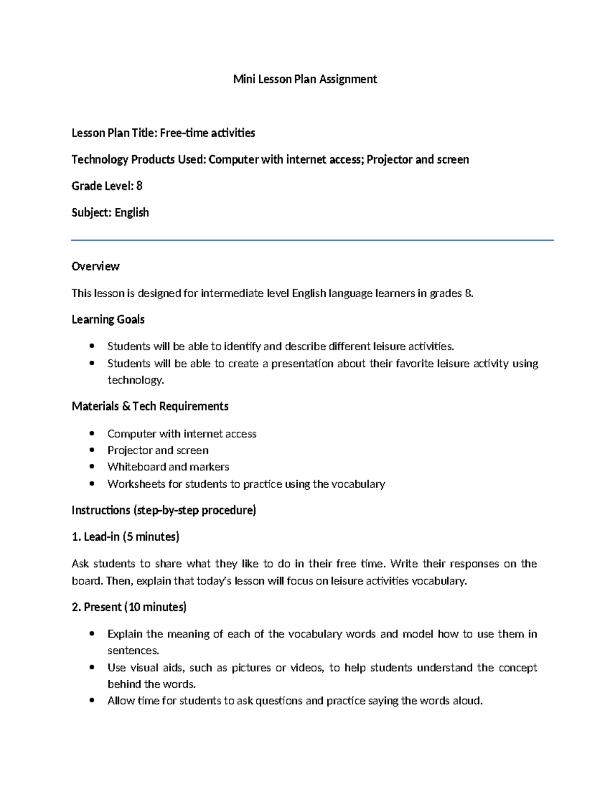 Mini Lesson Plan - Learning Goals Students will be able to identify and ...