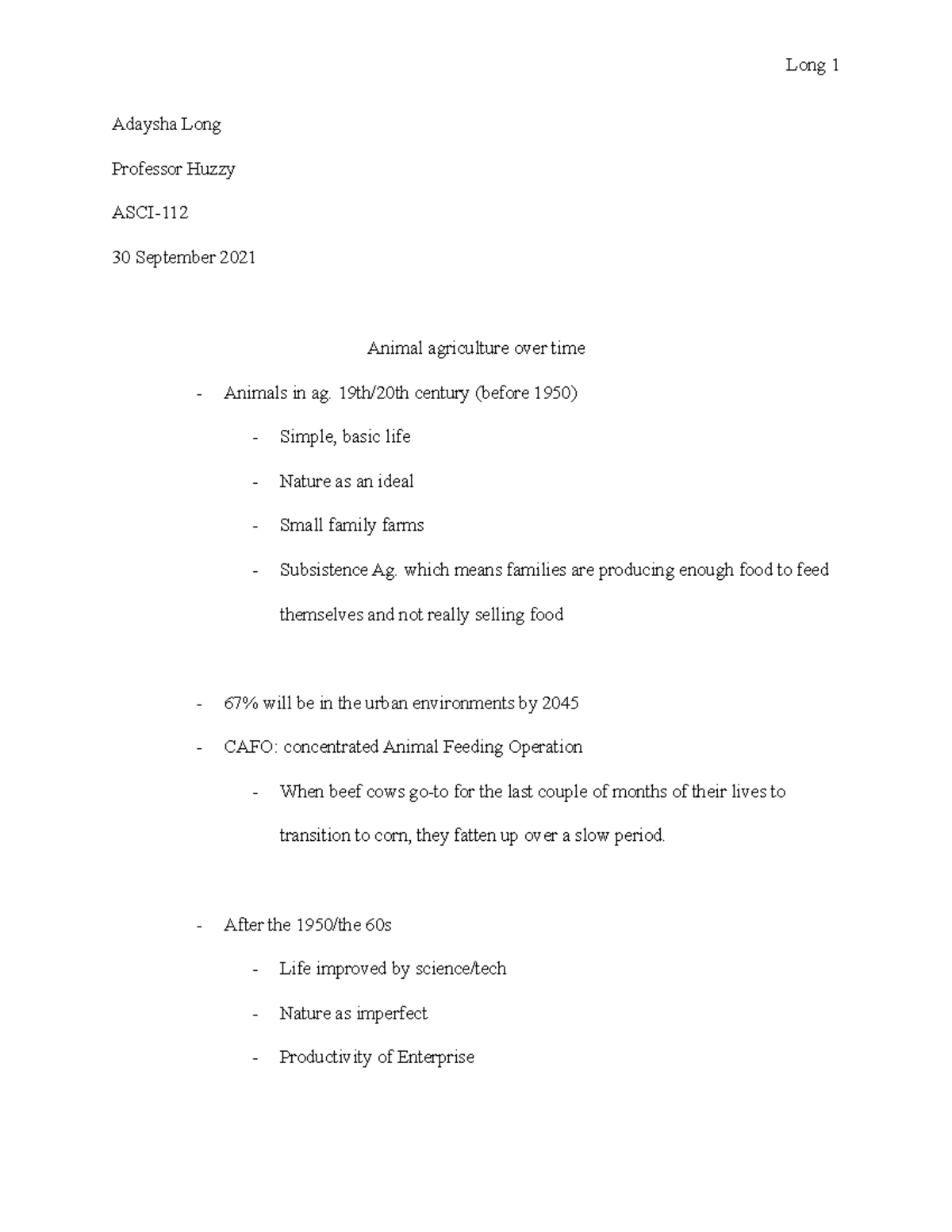 Changes and trends in animal Ag. over time - Adaysha Long Professor ...