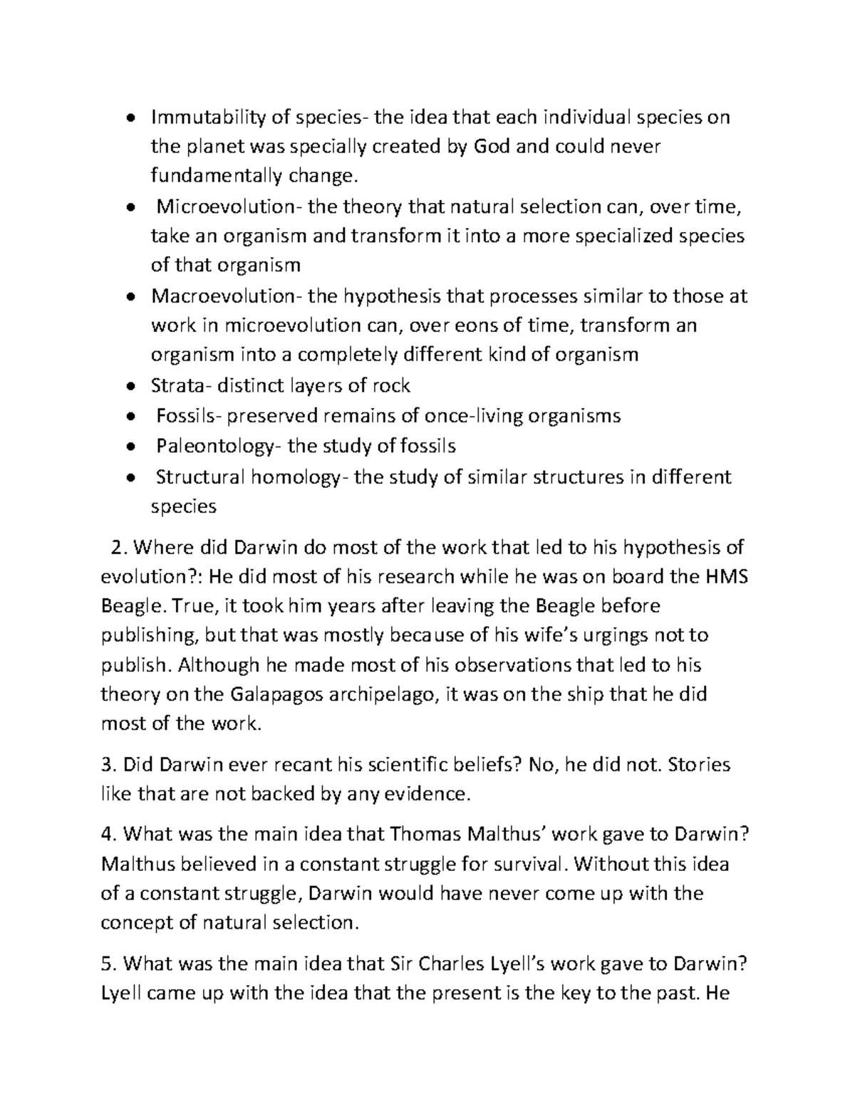 Biology Study guide 8 - notes for module 8 - Immutability of species ...
